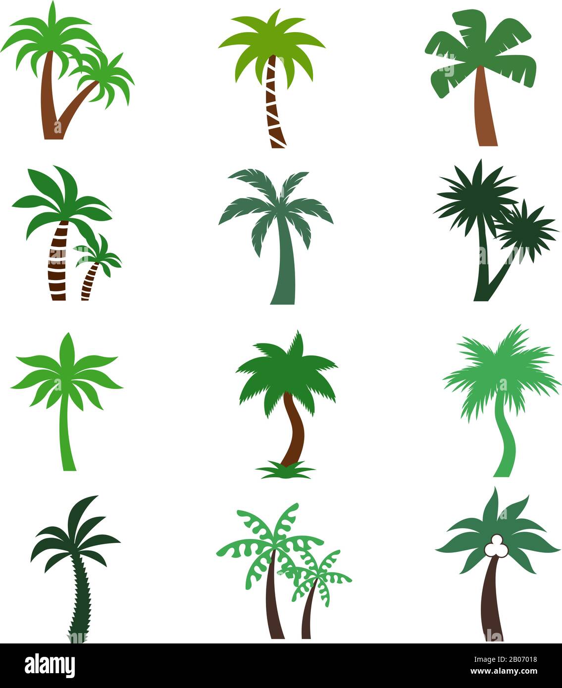 Color palm trees vector silhouettes. Set of tropical green plants ...