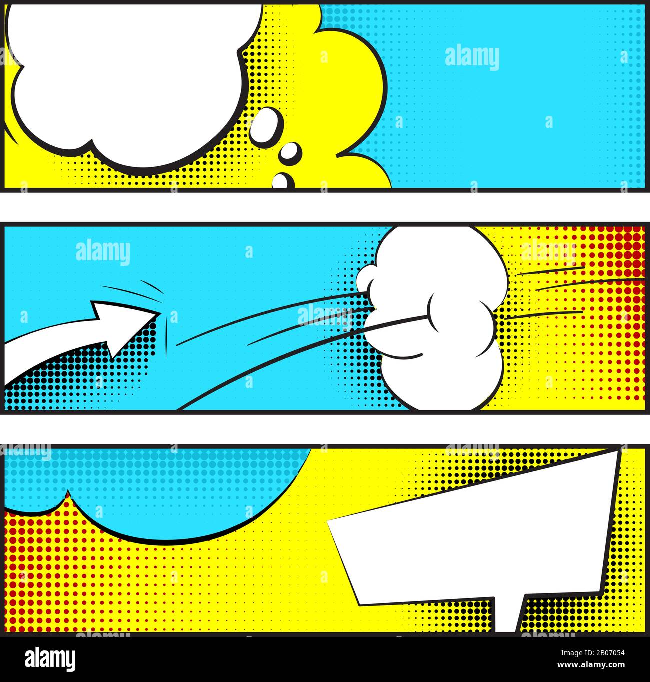 Pop art funny vector banners with comic background. Template card in ...