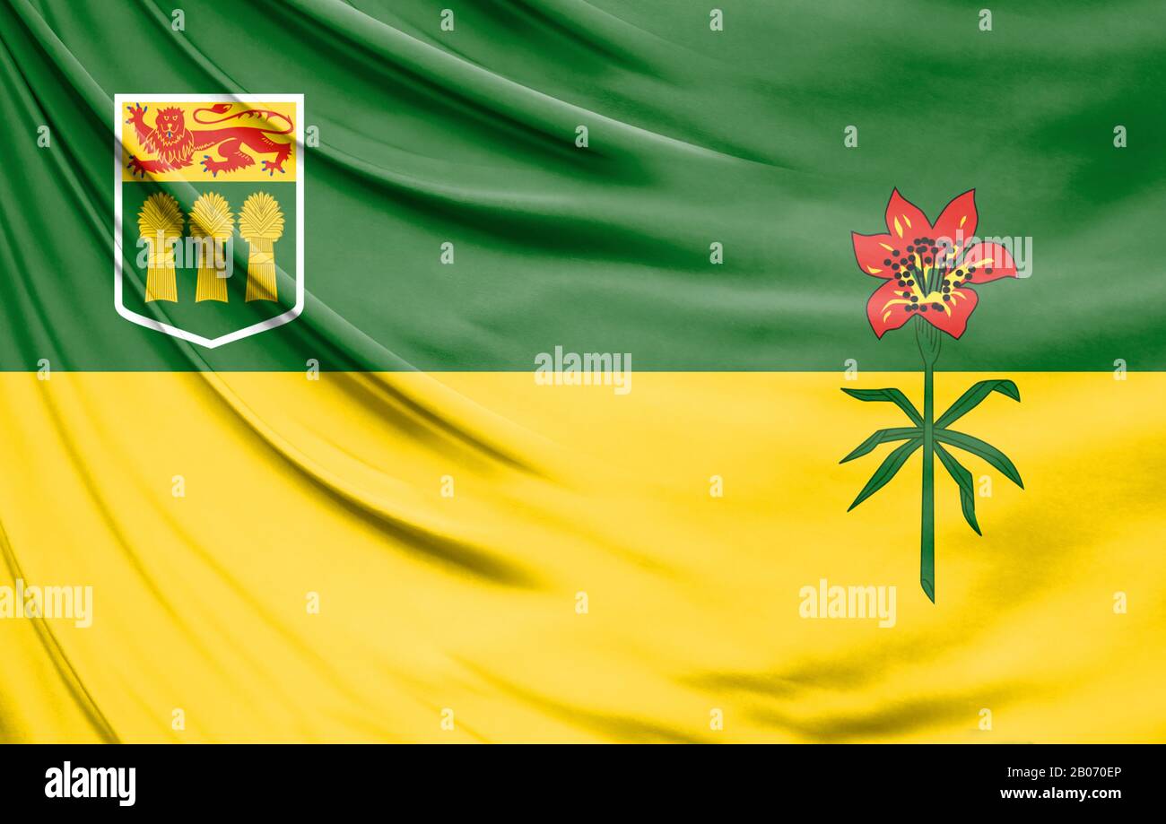 Realistic flag of Saskatchewan on the wavy surface of fabric Stock ...