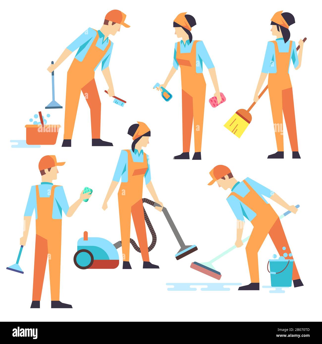 Cleaning staff in different positions. Vector illustration. Cleaning ...