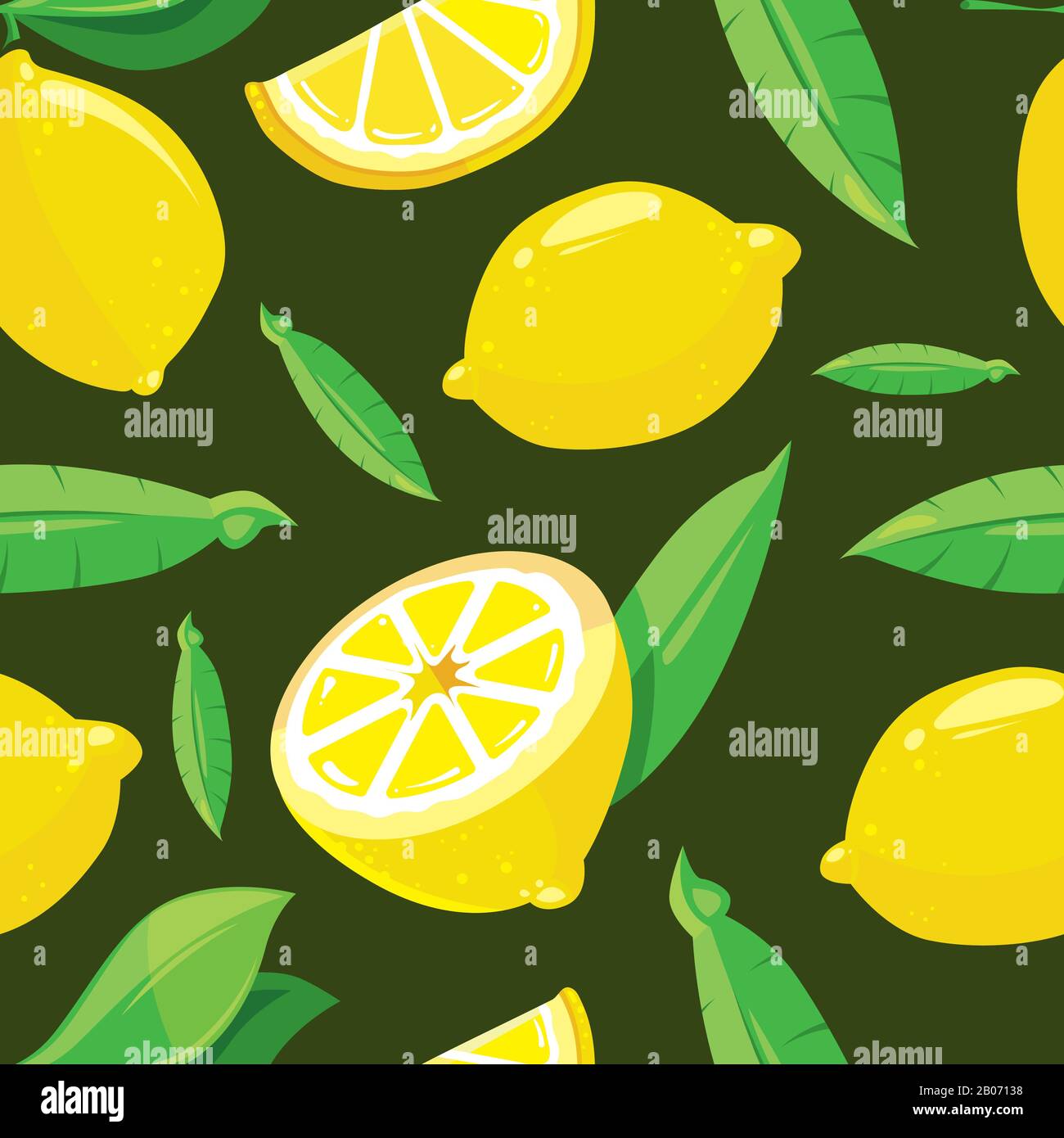 Vector seamless pattern with lemon slices. Organic fruit with green ...