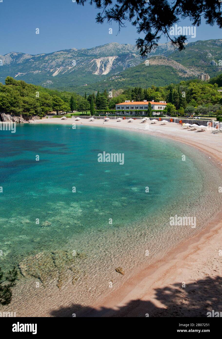 Milocer Beach with Villa Milocer Hotel in background, Milocer, Budva ...