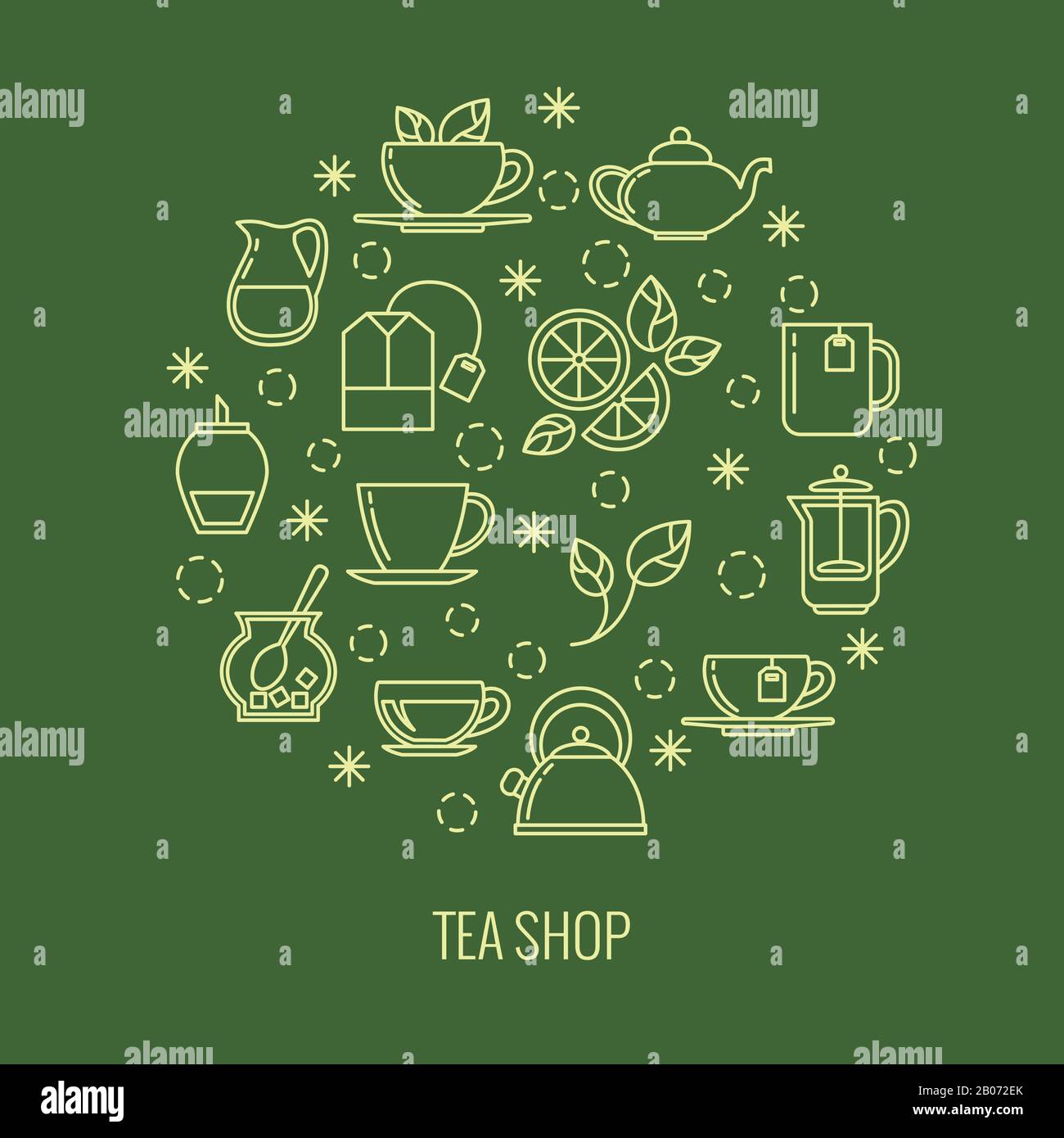 Green tea outline icons in circle design. trendy thin line logo for tea ...