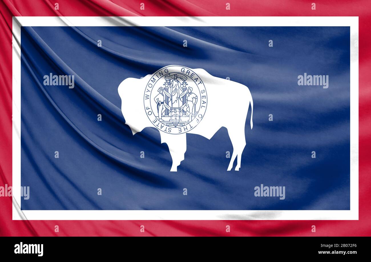Realistic flag State of Wyoming on the wavy surface of fabric Stock ...