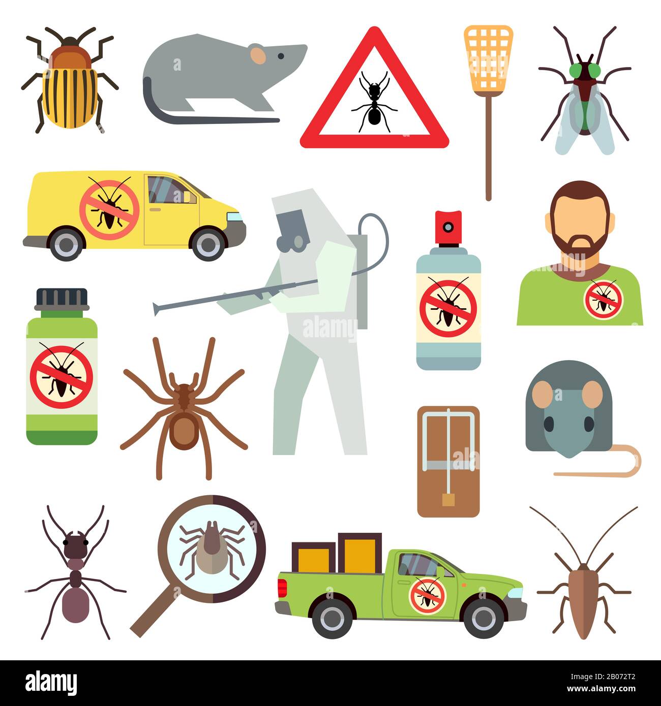 Home pest control service flat vector icons set. Protection from bug ...