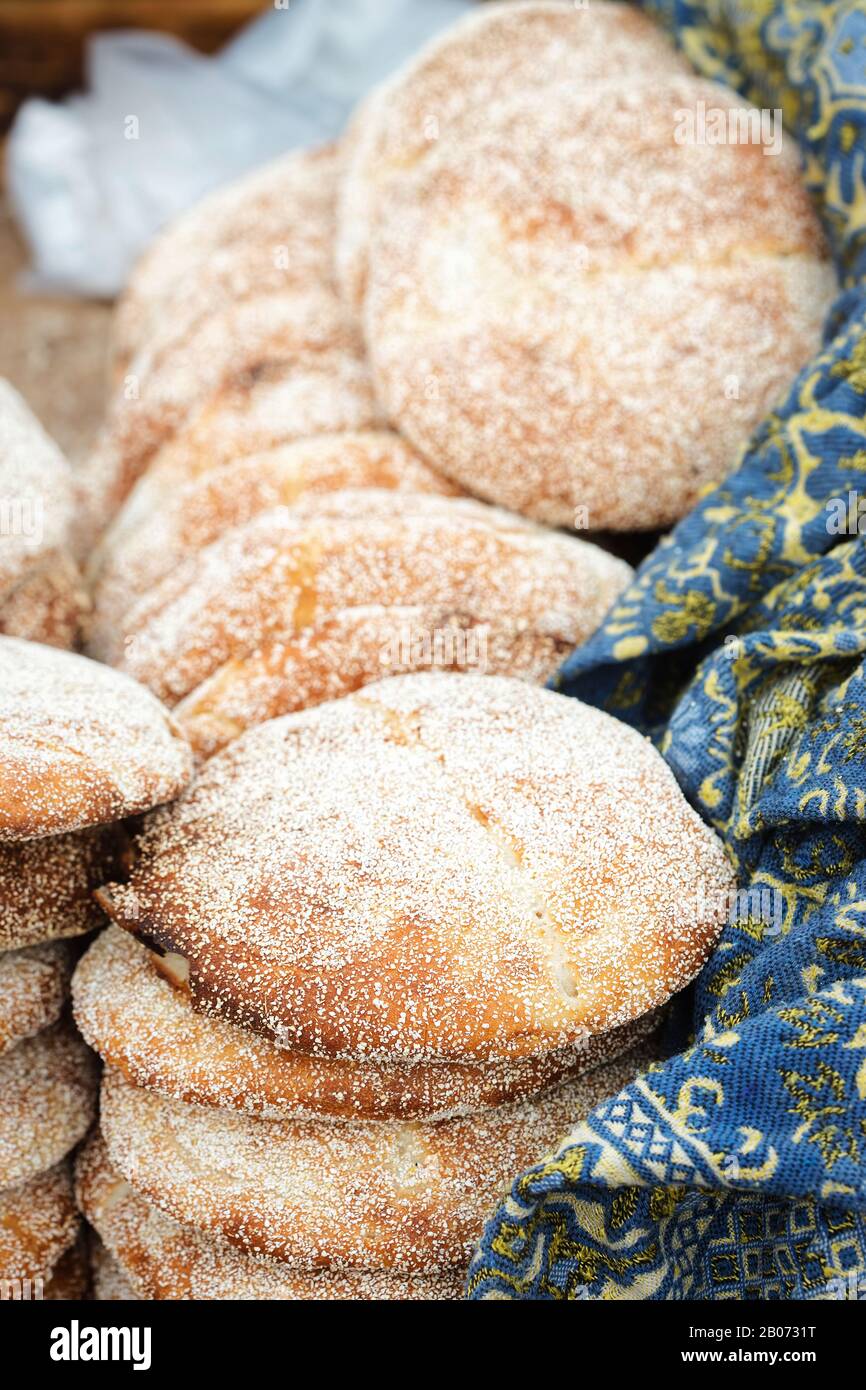 Typical traditional Moroccan flatbread on street food stall, Marrakesh ...