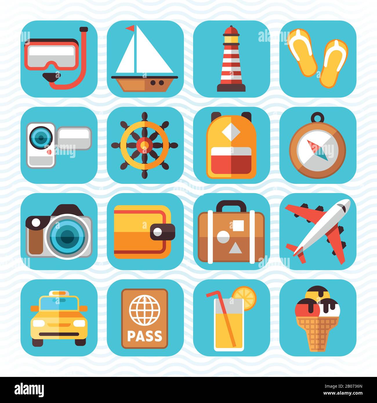Travel tourism and vacation vector flat icons. Holiday relax, swim to ...