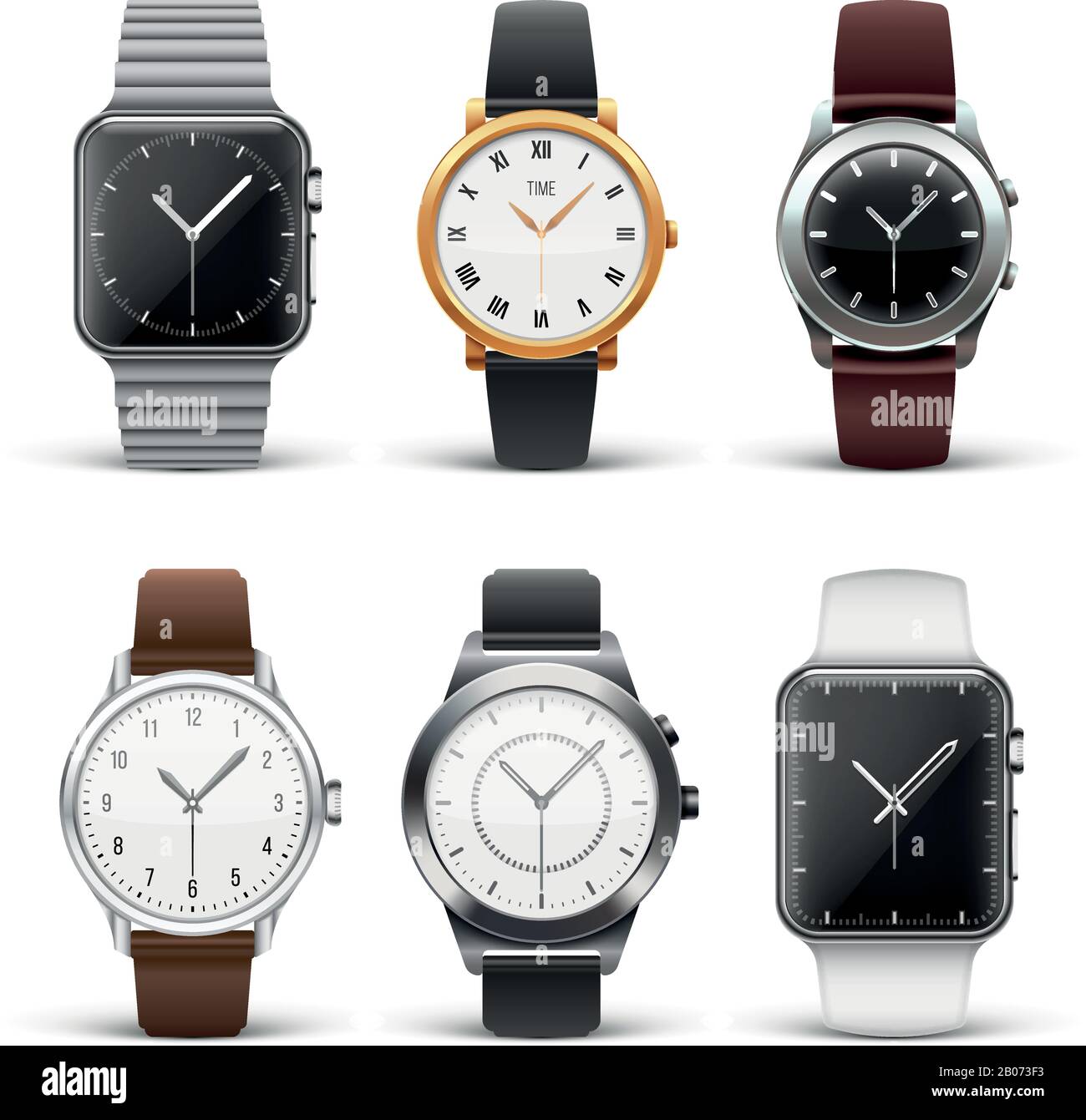 Classic watches isolated on white vector set. Wristwatch silver and ...