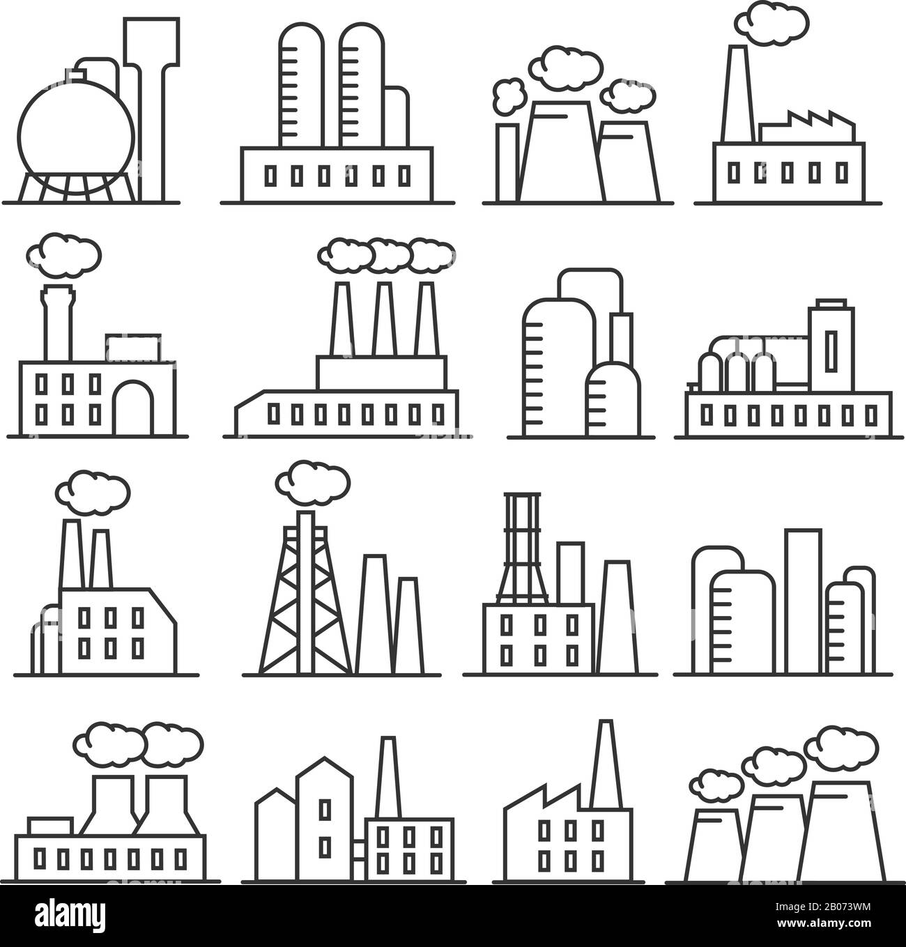 Factory and plant thin line vector icons. Industrial building for ...