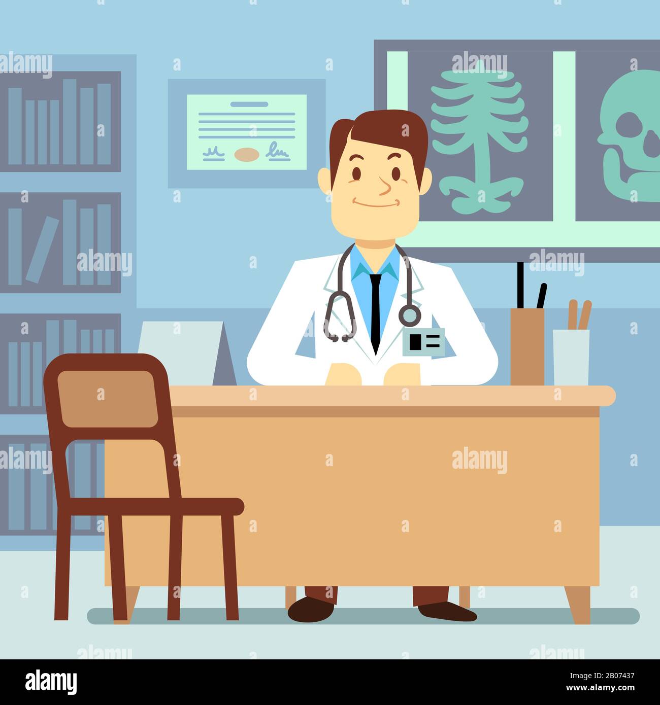 Doctor sitting at the table in medical vector healthcare concept ...