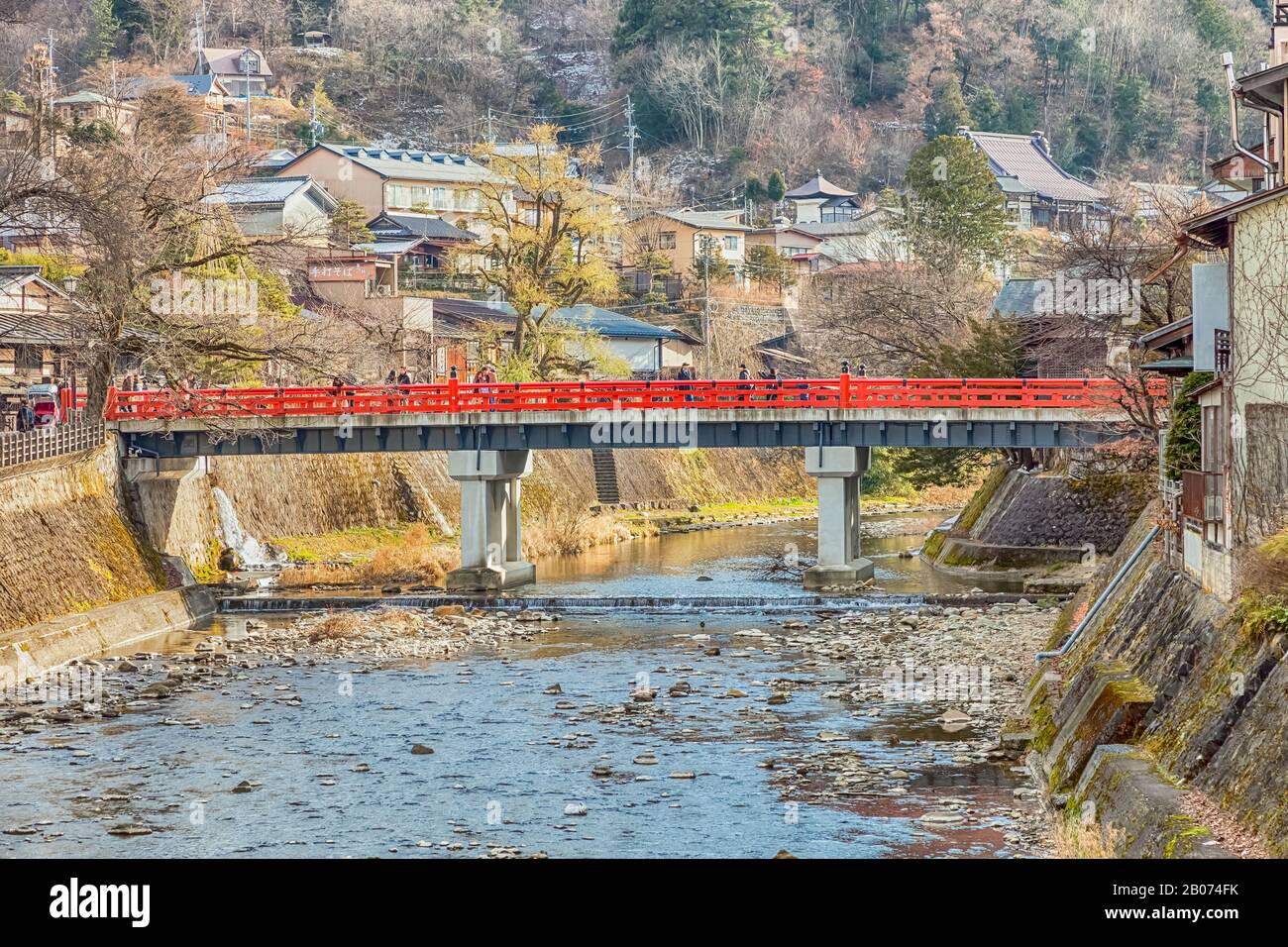 Takayama Japan - December 24 2017: red Naka-bashi bridge spanning over ...