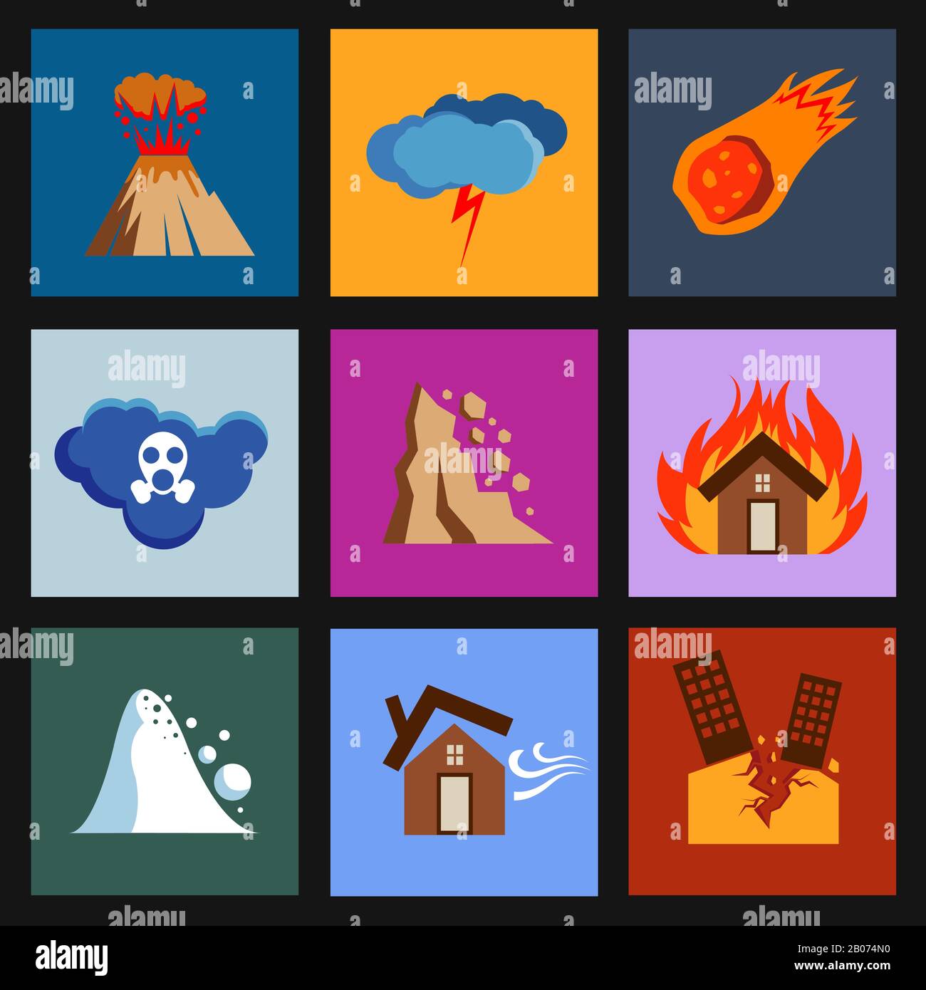 Flat disaster, damage vector icons. Volcano and meteorite, poisonous ...