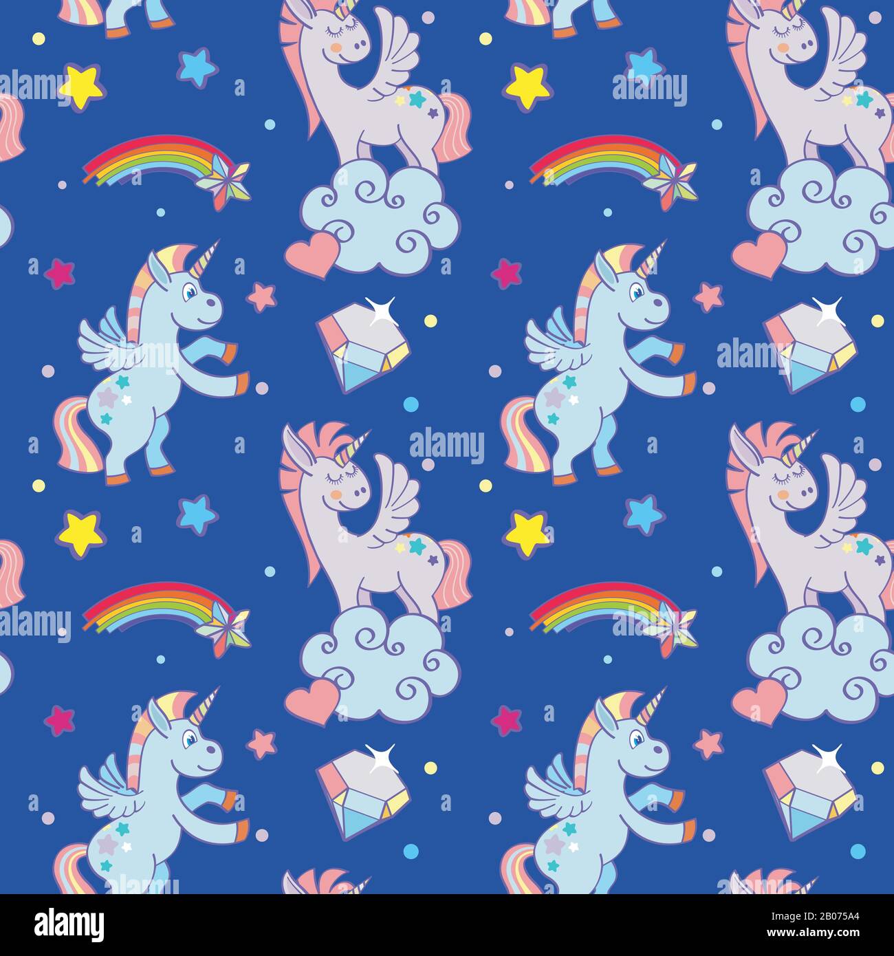Cute unicorns, clouds, rainbow magic wand. Vector seamless pattern ...