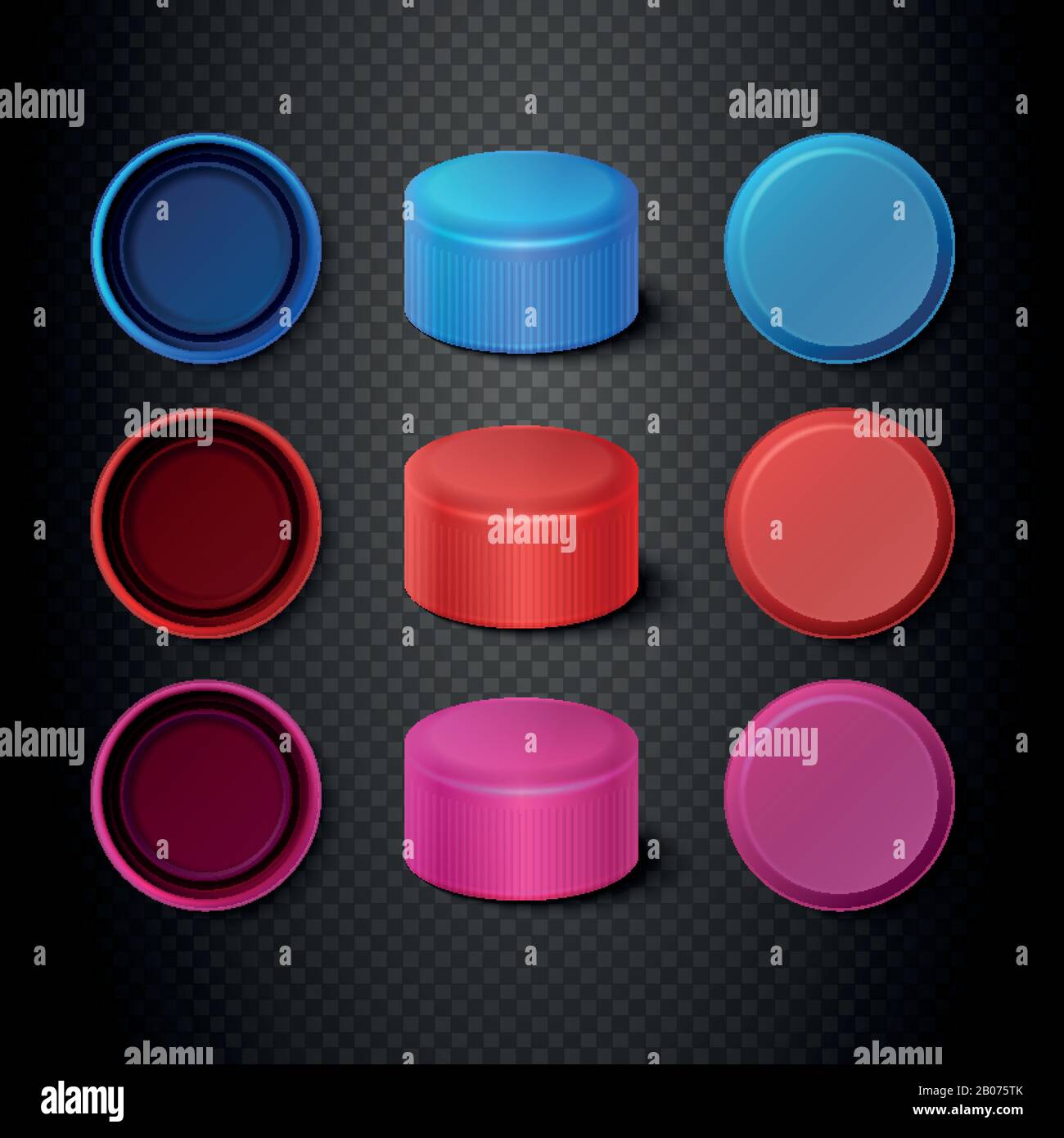 Multicolored plastic bottle caps vector set. Lids mockups for closing ...