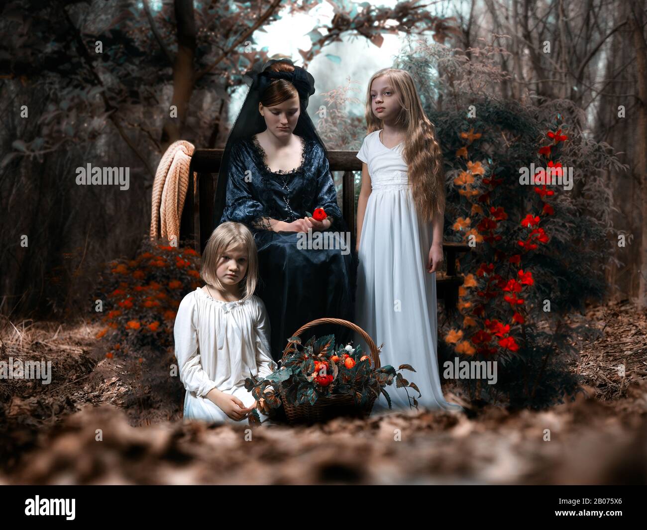 Children in a fairy-tale fantasy world. Portrait of three sisters Stock ...