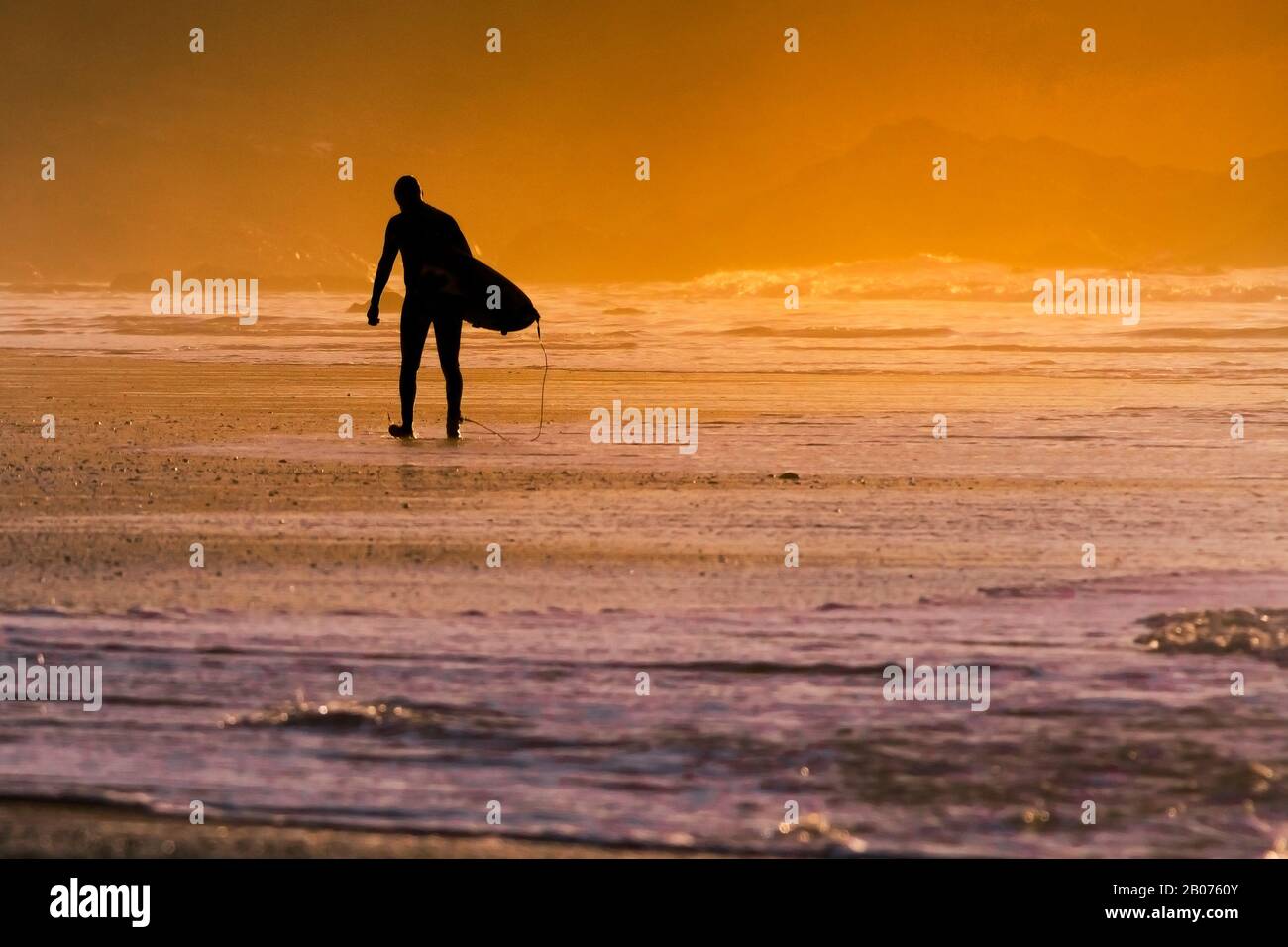 A tired surfer carrying his surfboard and walking along the shoreline ...