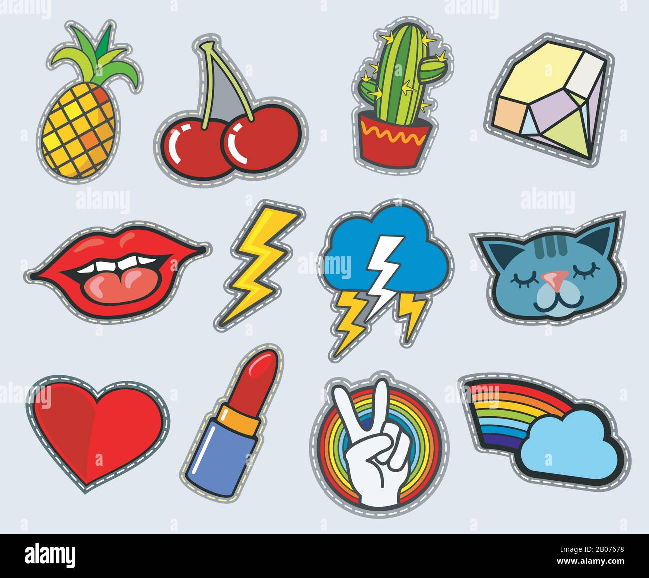 Cartoon patch badges vector stock. Peace and love, cactus and cherry ...