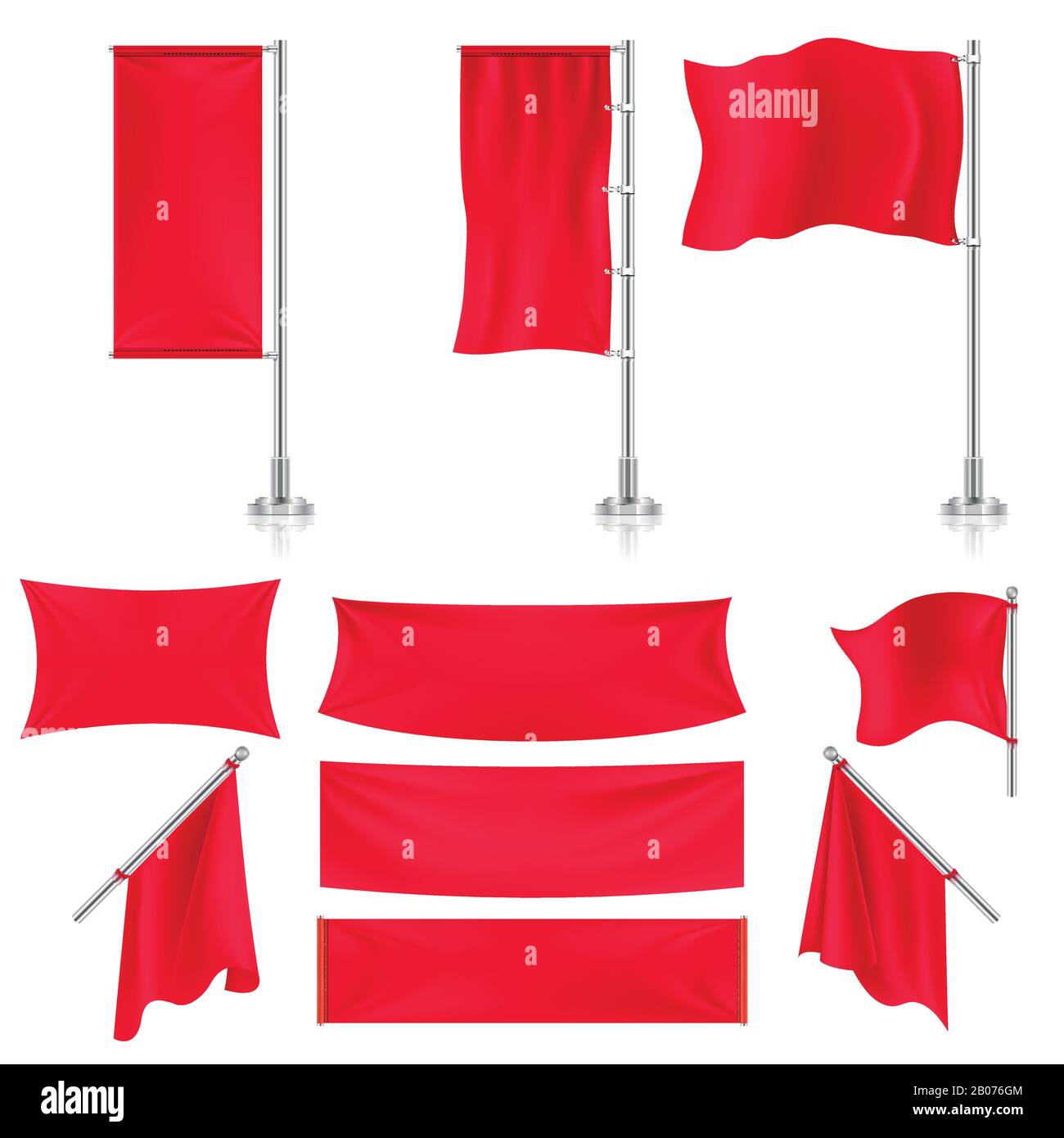 Realistic red advertising fabric textile banners and flags vector set ...