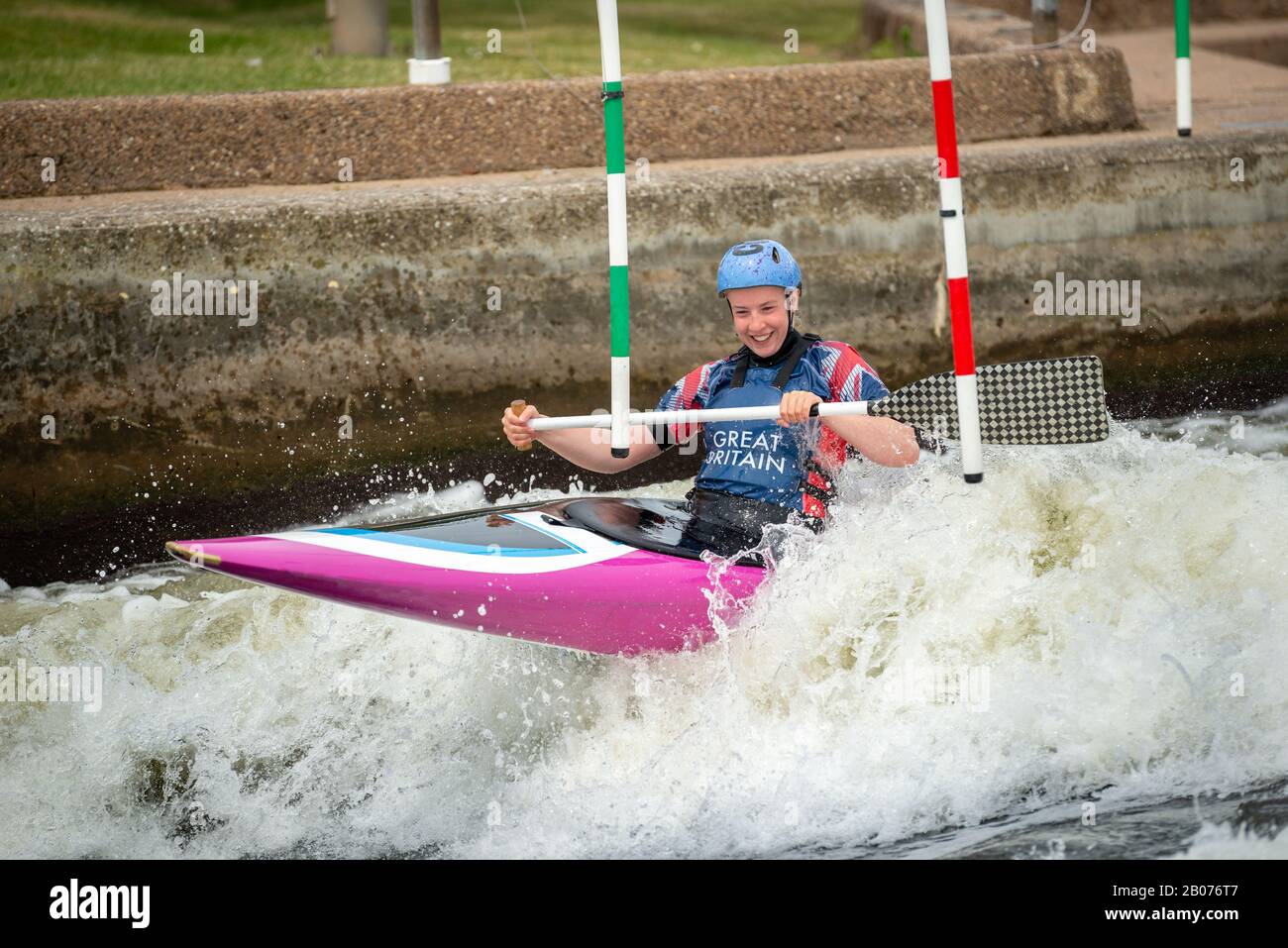 Very happy GB Canoe Slalom Athlete negotiating an upstream gate on a ...