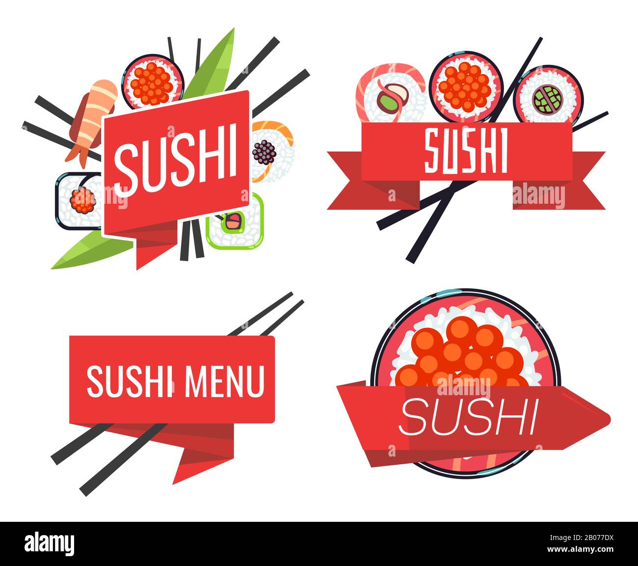 Japanese sushi bar or restaurant menu vector. Set of logo with red ...