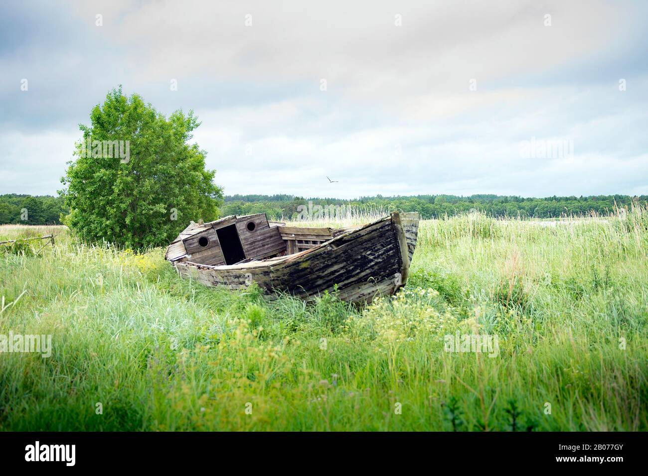 Old fishing boat on a sea coast with fishing net. timber or wooden ship ...