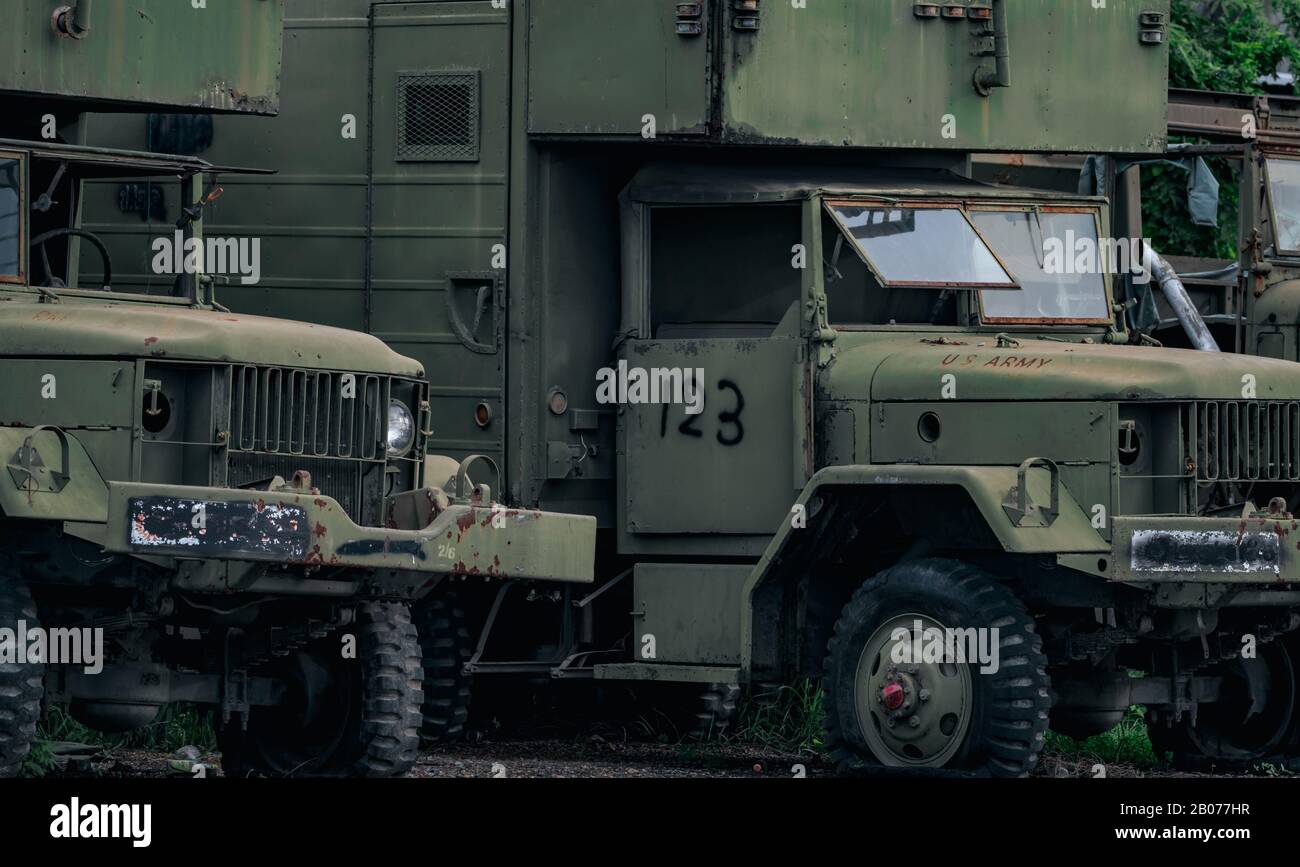 Front View Of Old Wrecked Military Green Truck Wil Old Flat Tyre Abandoned Rusty Military Truck