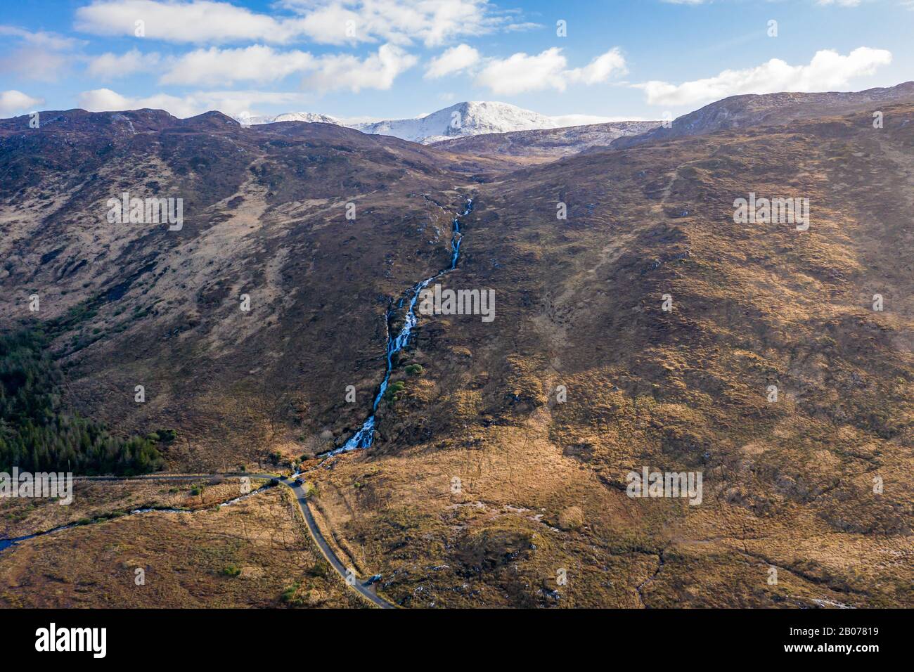 Aerial view of the Glenthornan waterfall by Dunlewey or Dunlewy in ...