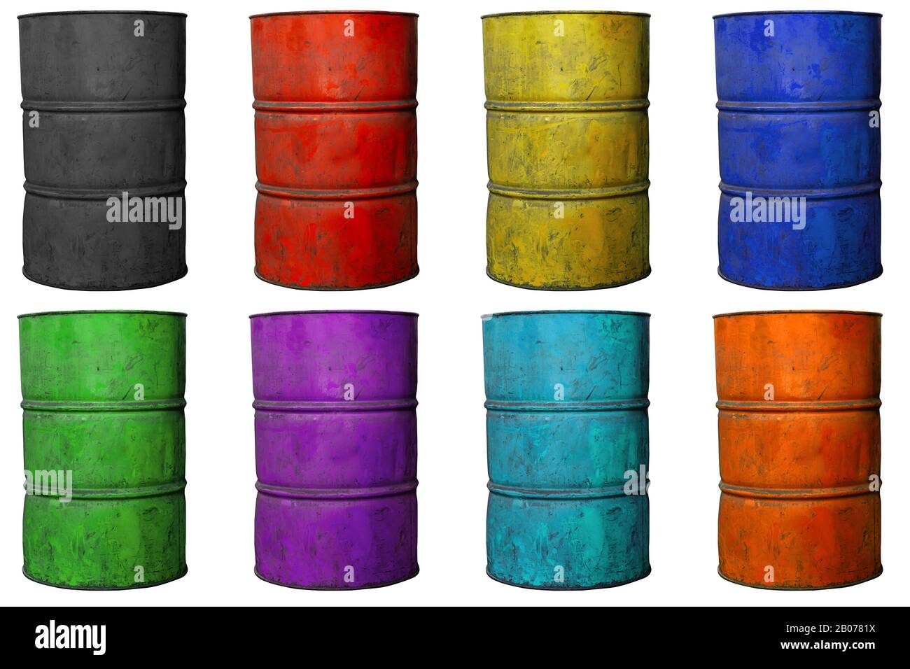 multiple colors old oil barrel tank objects isolated for industrial ...