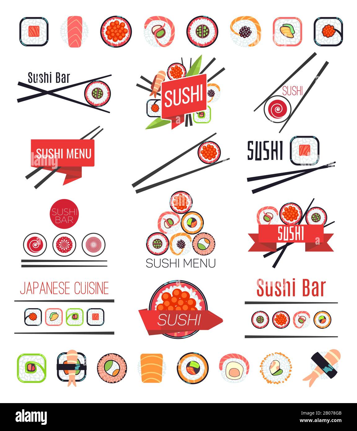 Japanese sushi bar or restaurant menu vector. Big set of logotype ...