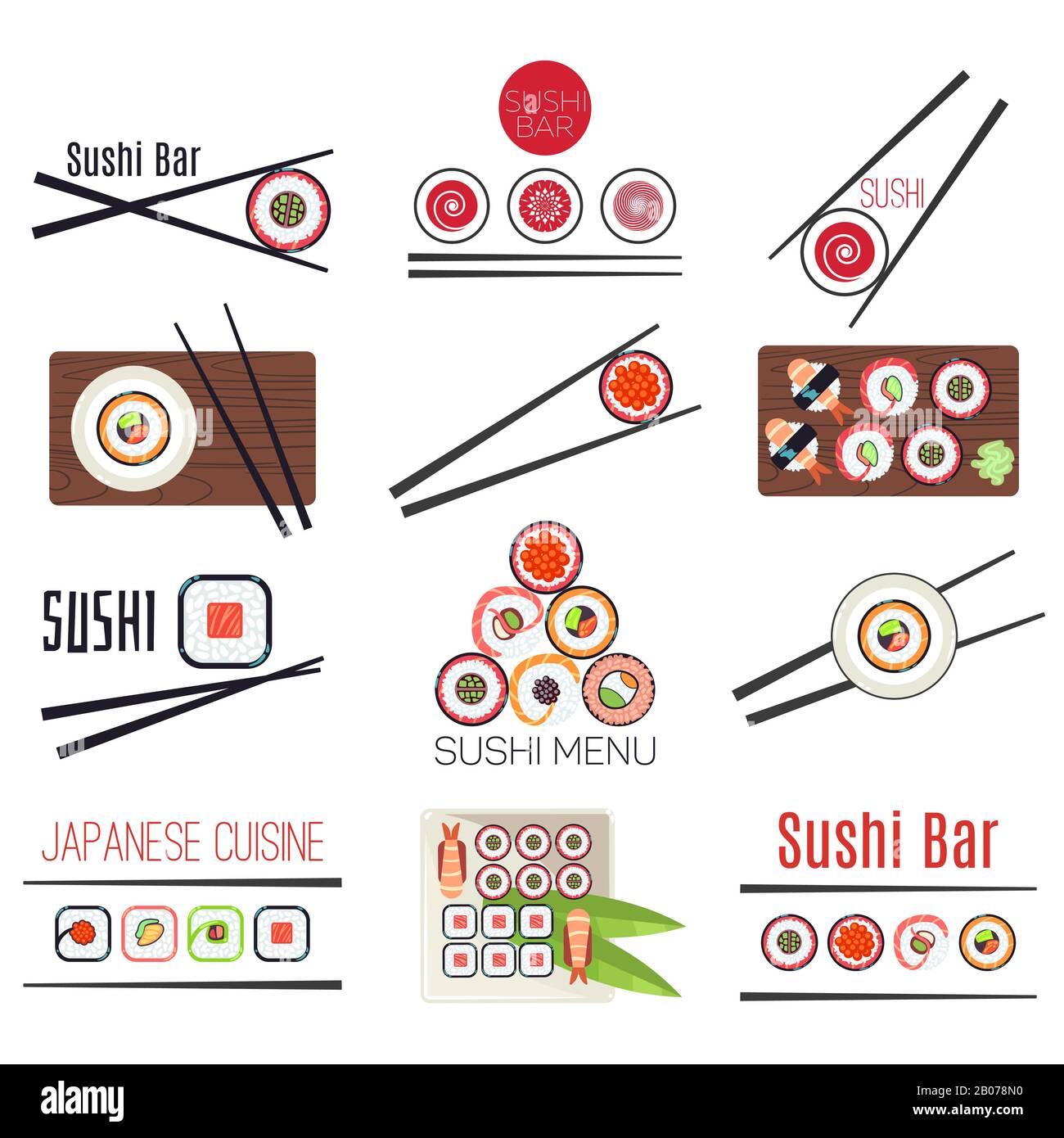 Japanese sushi bar or restaurant menu vector. Set of logo with roll ...