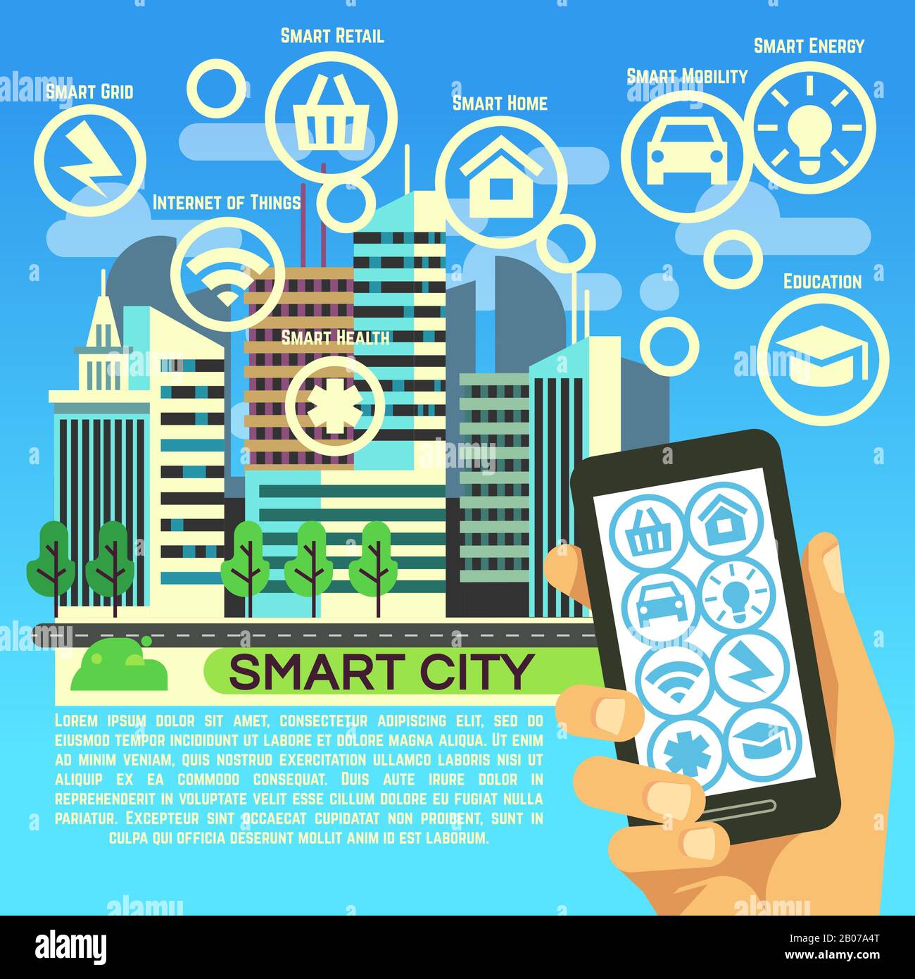 Smart city vector flat concept with internet thing, business ...
