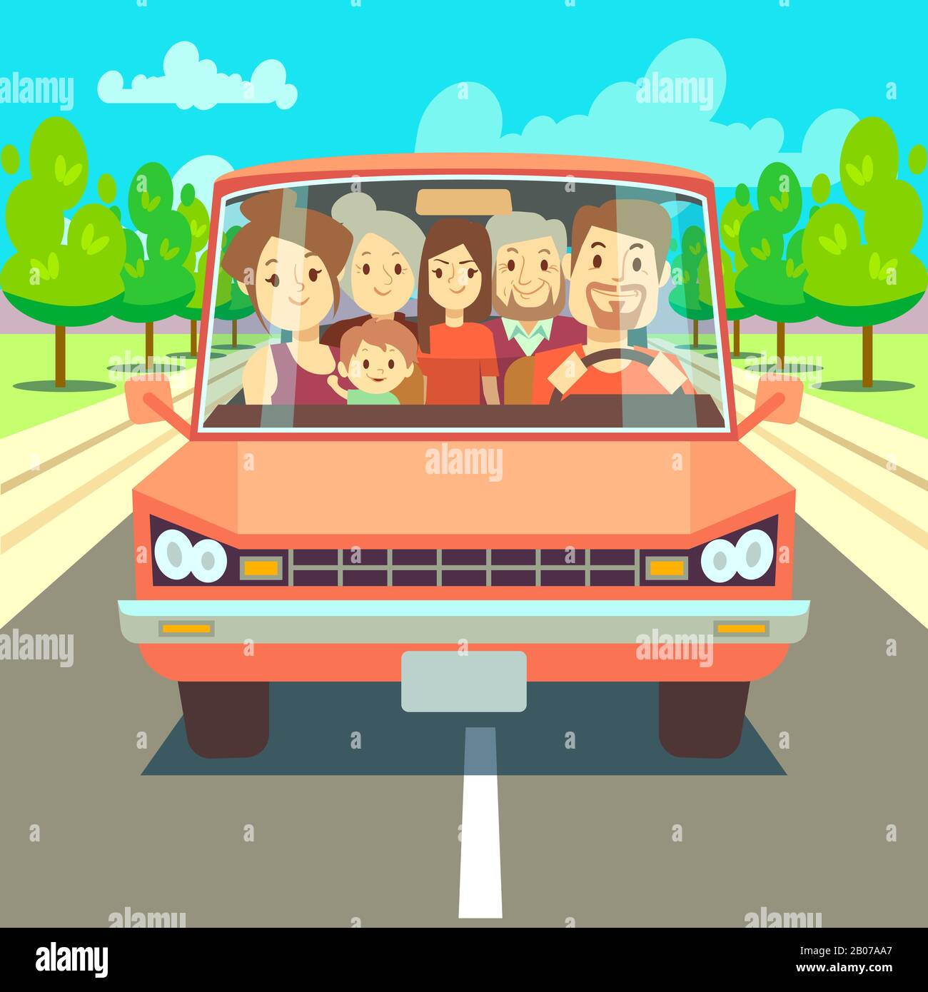 Happy family traveling by car driving on road. Big family going to ...