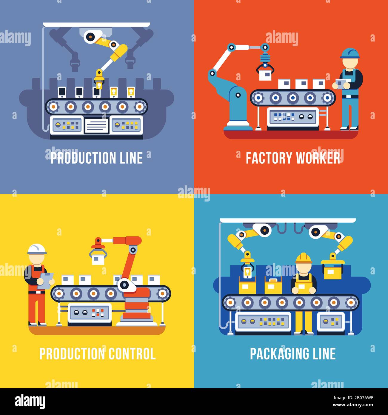 Manufacturing industry, production line, factory worker vector flat ...