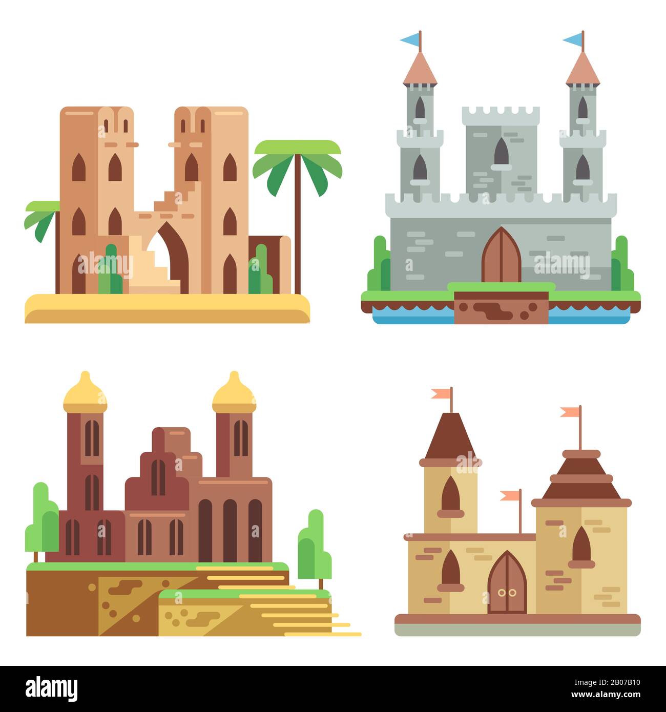 Castles and fortresses flat vector icons set. Cartoon fairy medieval ...