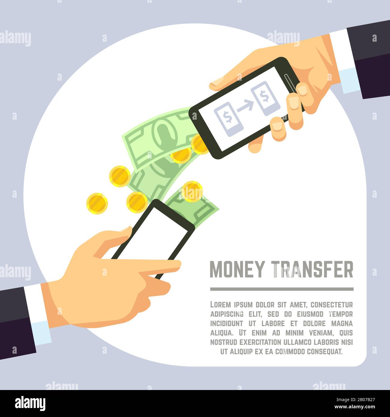 Sending and receiving money wireless with mobile phones and banking payment apps vector concept ...