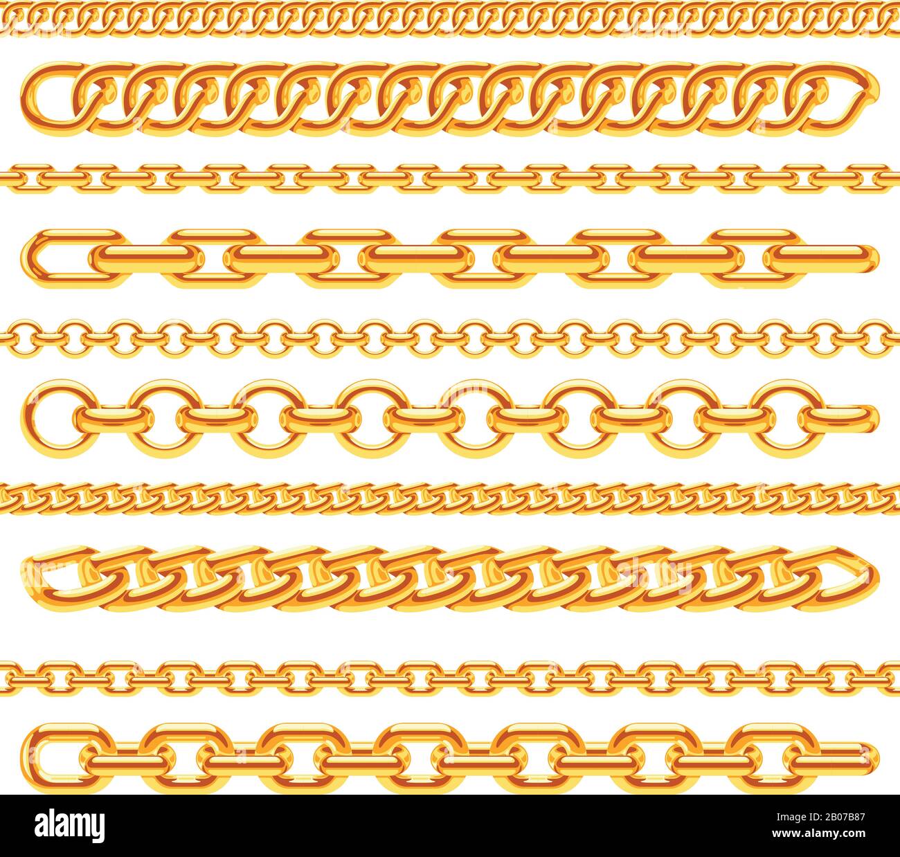 Realistic gold necklace chains vector brushes set. Golden metal chain ...