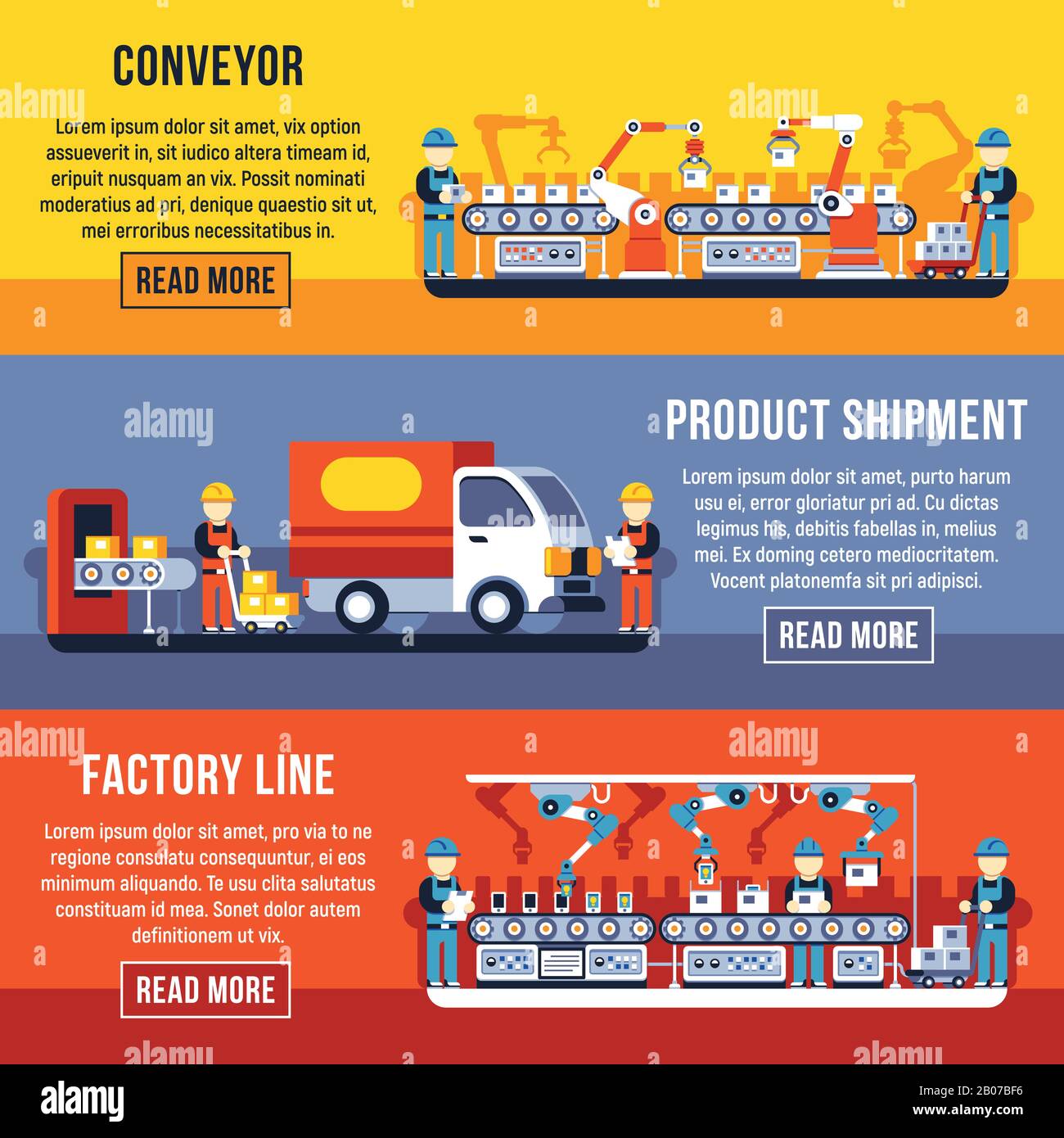 Automation conveyor factory line with robotic hands horizontal banners vector set. Shipment and ...