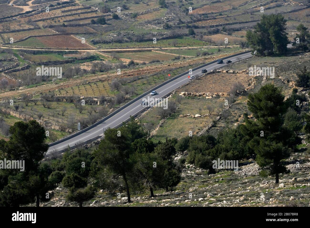 Aerial view of Highway 60 a south-north intercity road in Gush Etzion a ...