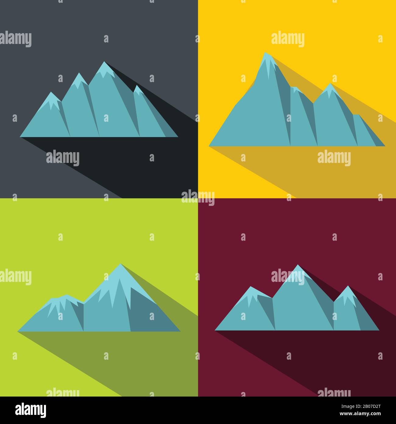 Mountain blue icons with long shadow on color background. Climbing logo ...