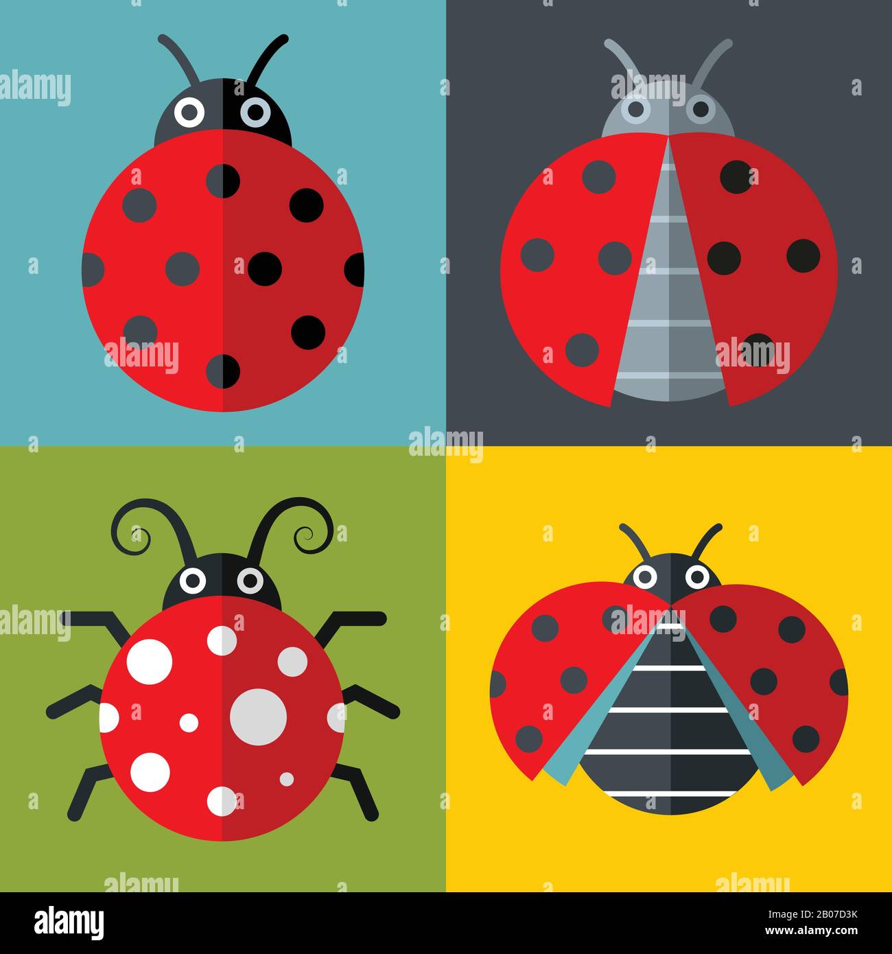 Ladybug icons in flat style on color background with long shadow ...
