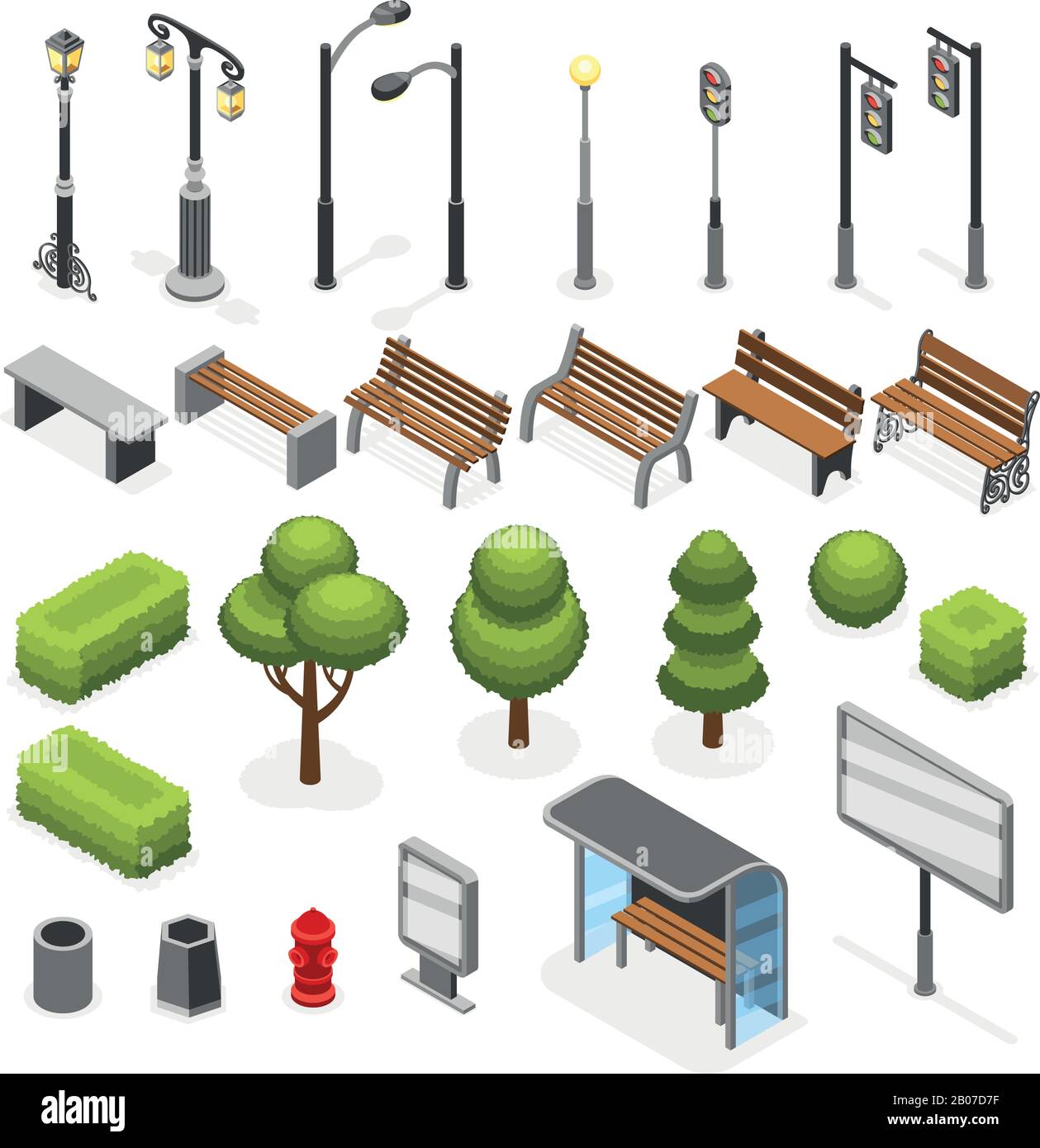 Isometric city street outdoor objects vector set. Green tree and ...