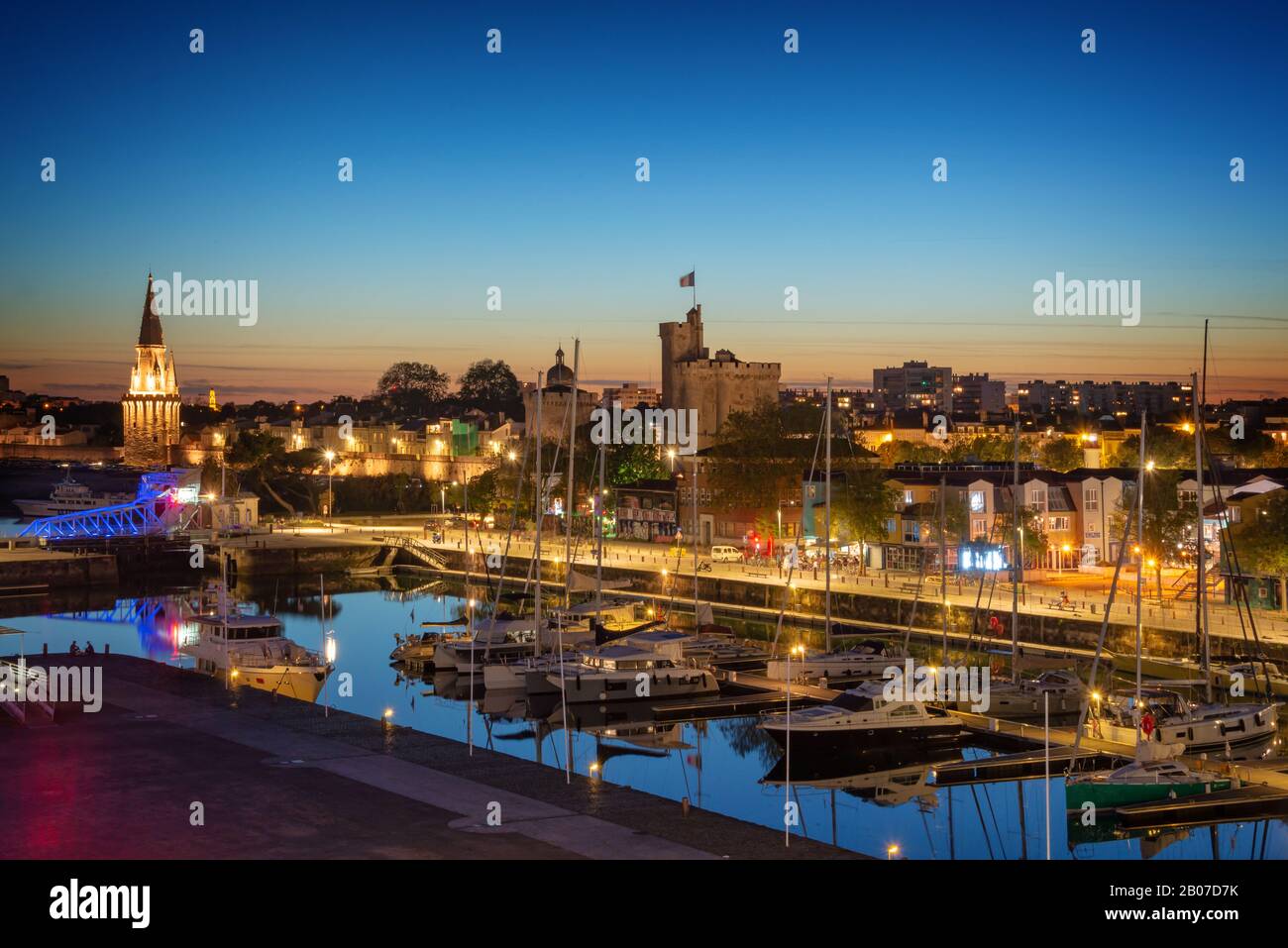 Aerial view of the harbor of La Rochelle at night, France Stock Photo ...
