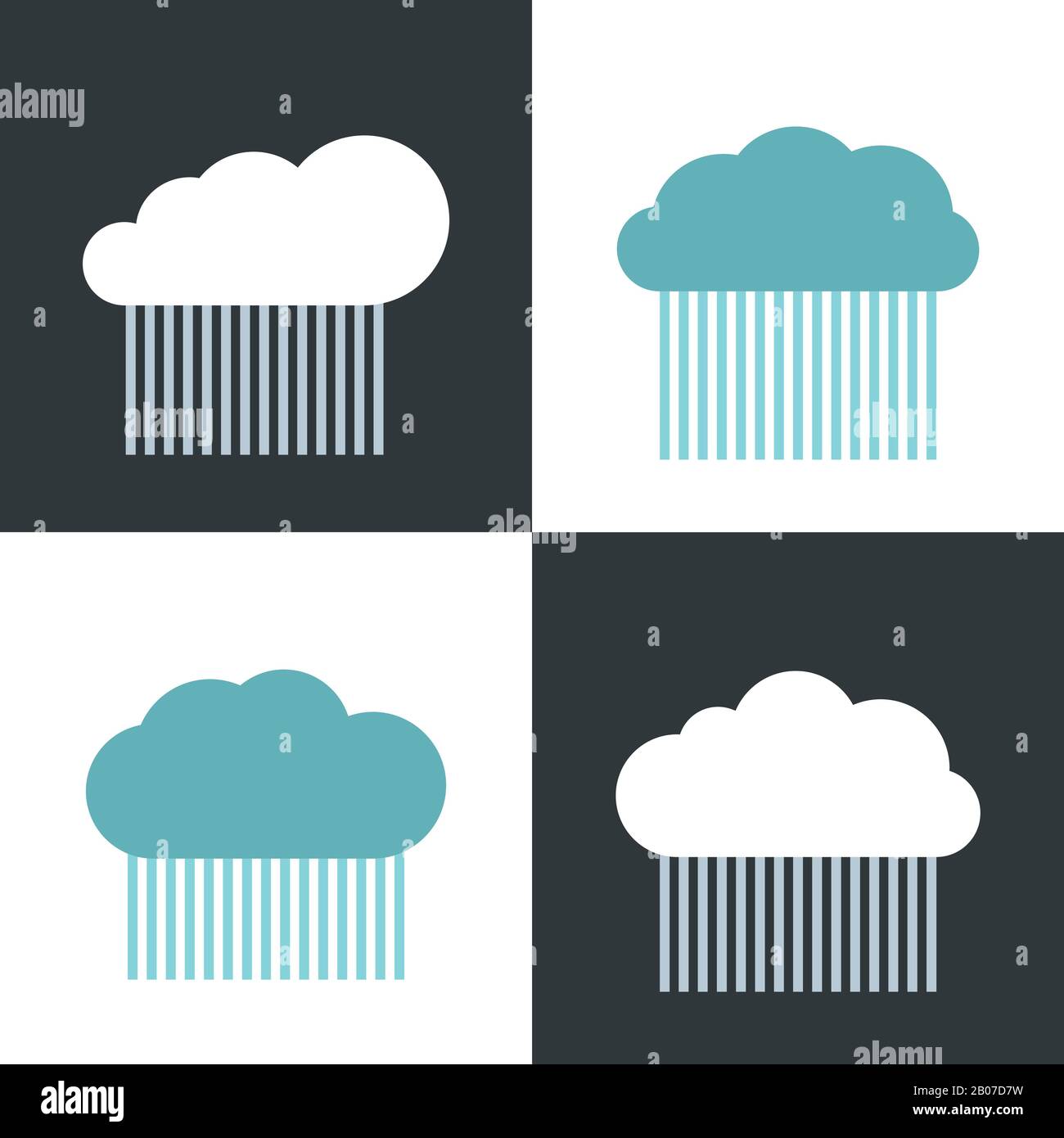 Flat cloud icons with rain on white and dark background. Storm rain ...