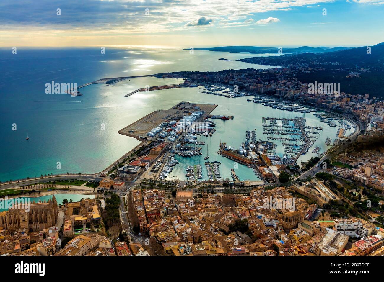 port of Palma with cathedral and palace, 09.01.2020, aerial view, Spain ...