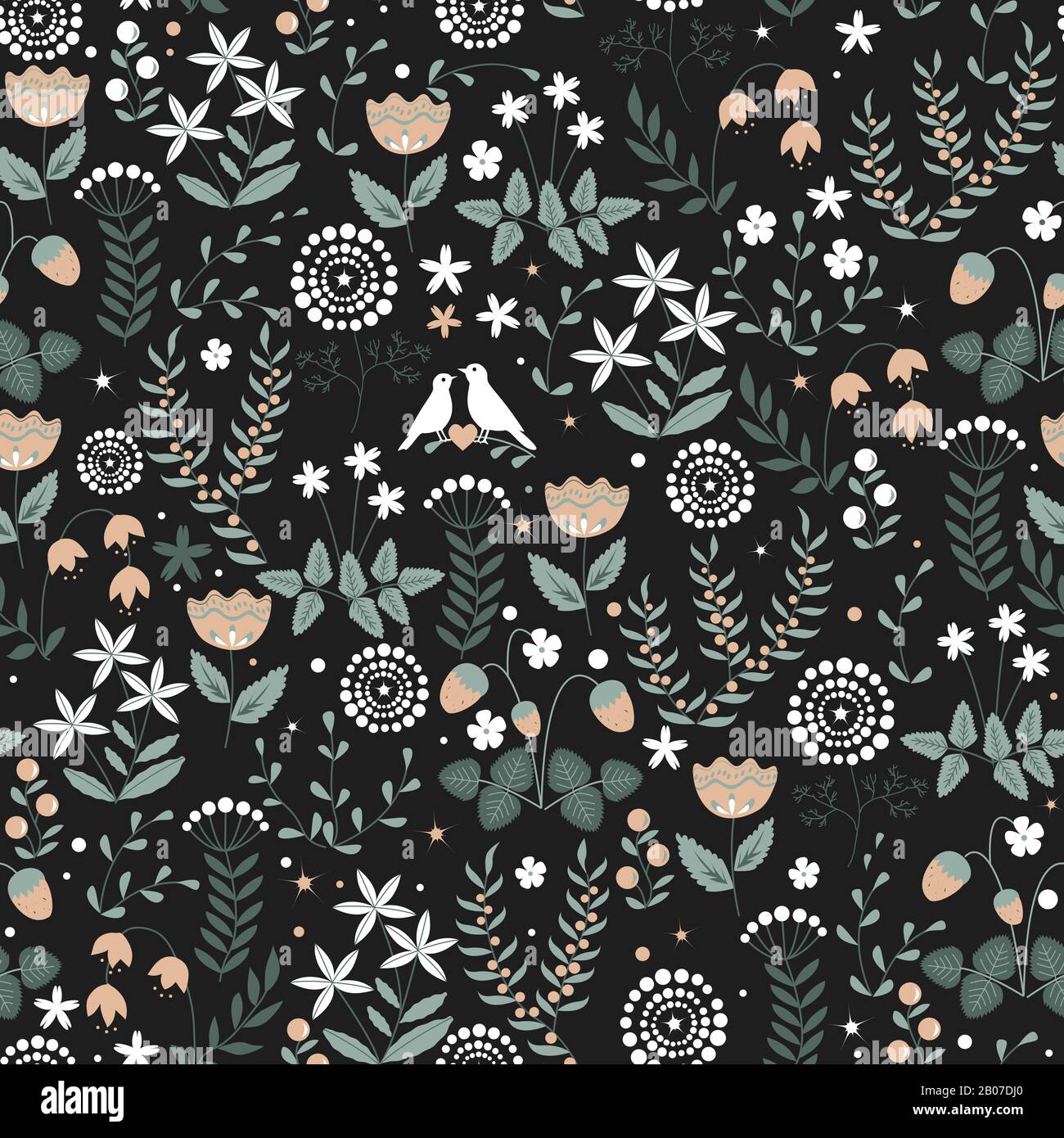 Vector floral seamless pattern with plants, flowers and birds, doodle ...