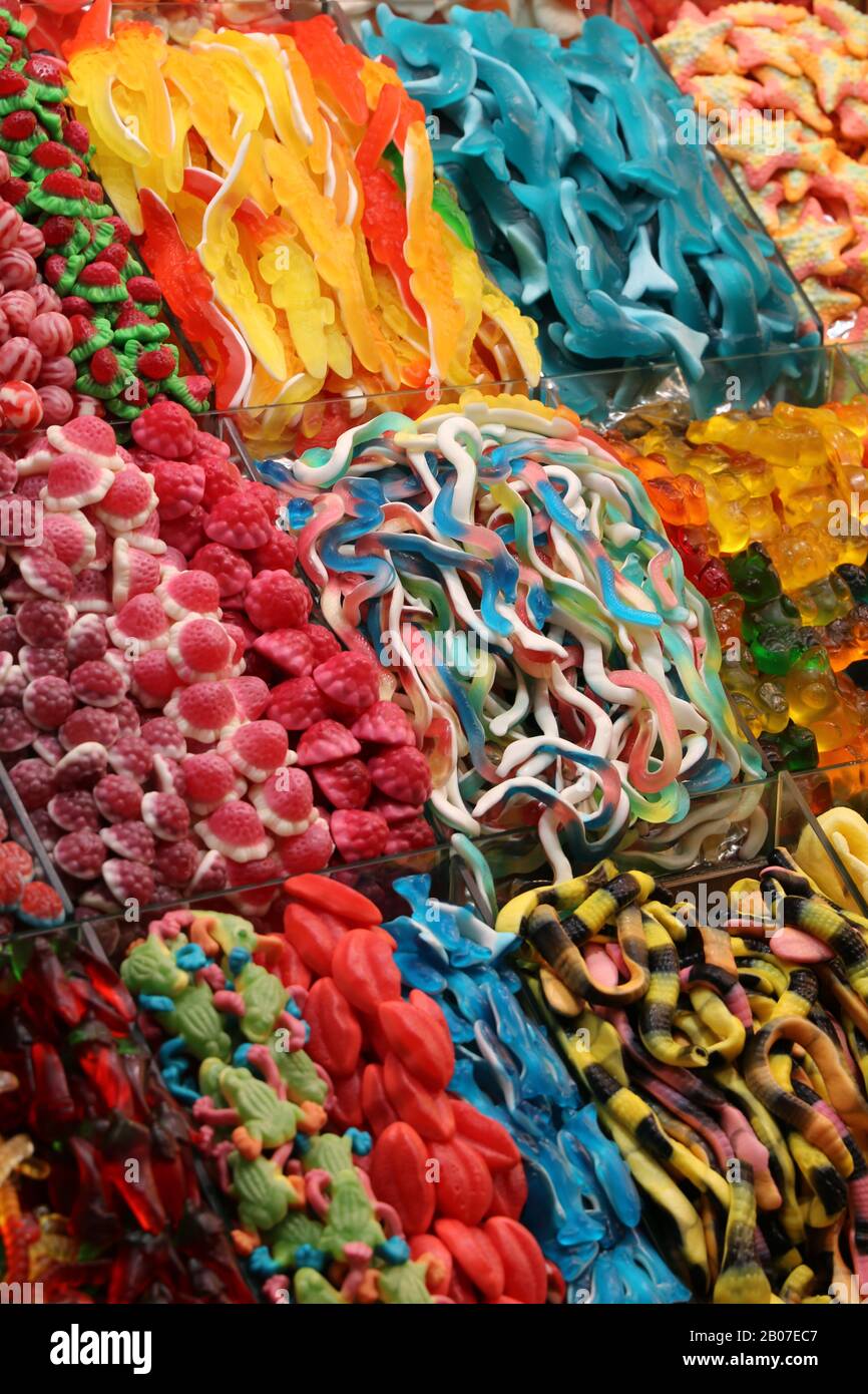 Assorted candy in a market, Barcelona, spain Stock Photo - Alamy
