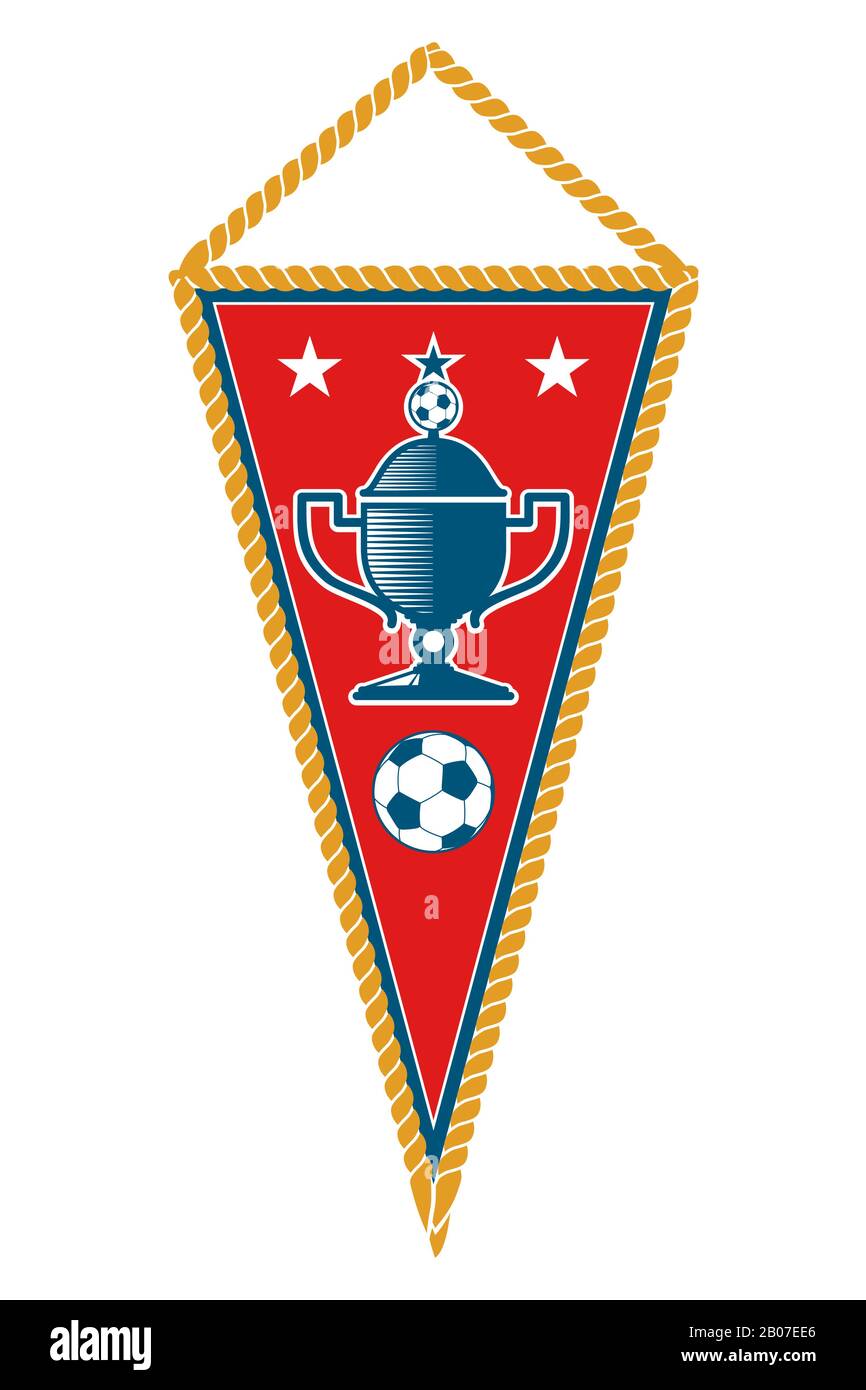 Red triangle soccer pennant with ball and cup isolated on white ...