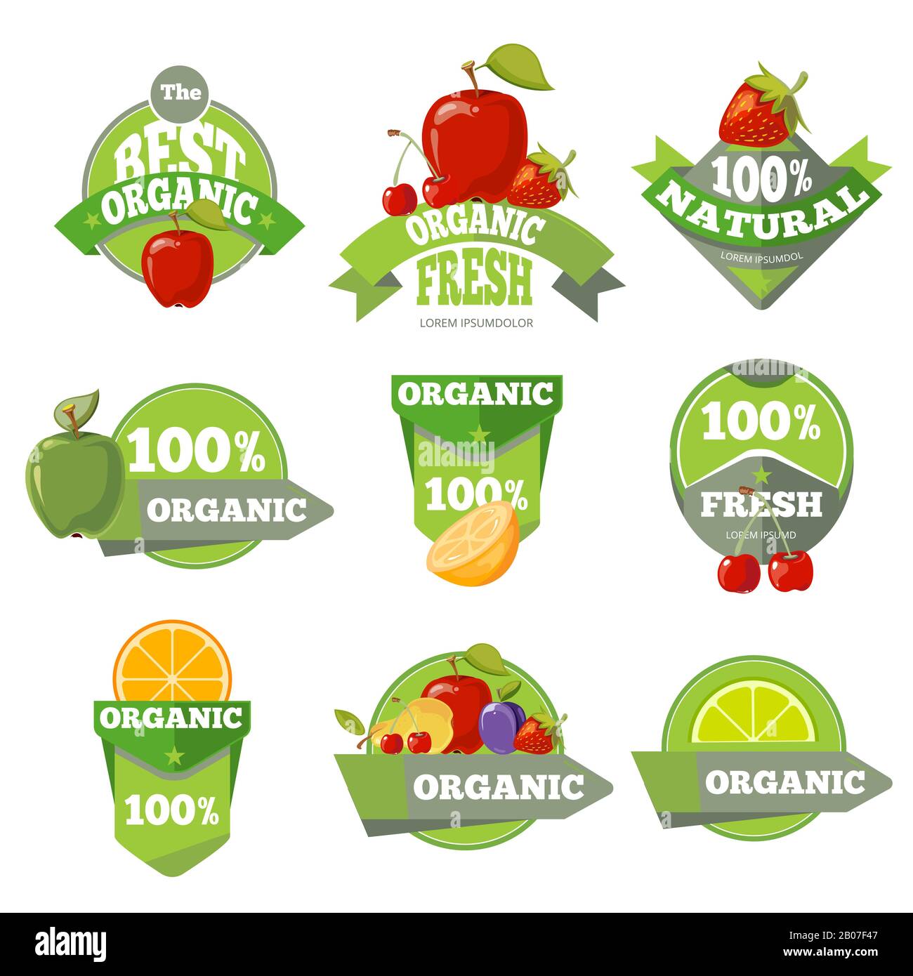 Set of organic natural fruits labels. Apple cherry and strawberry ...