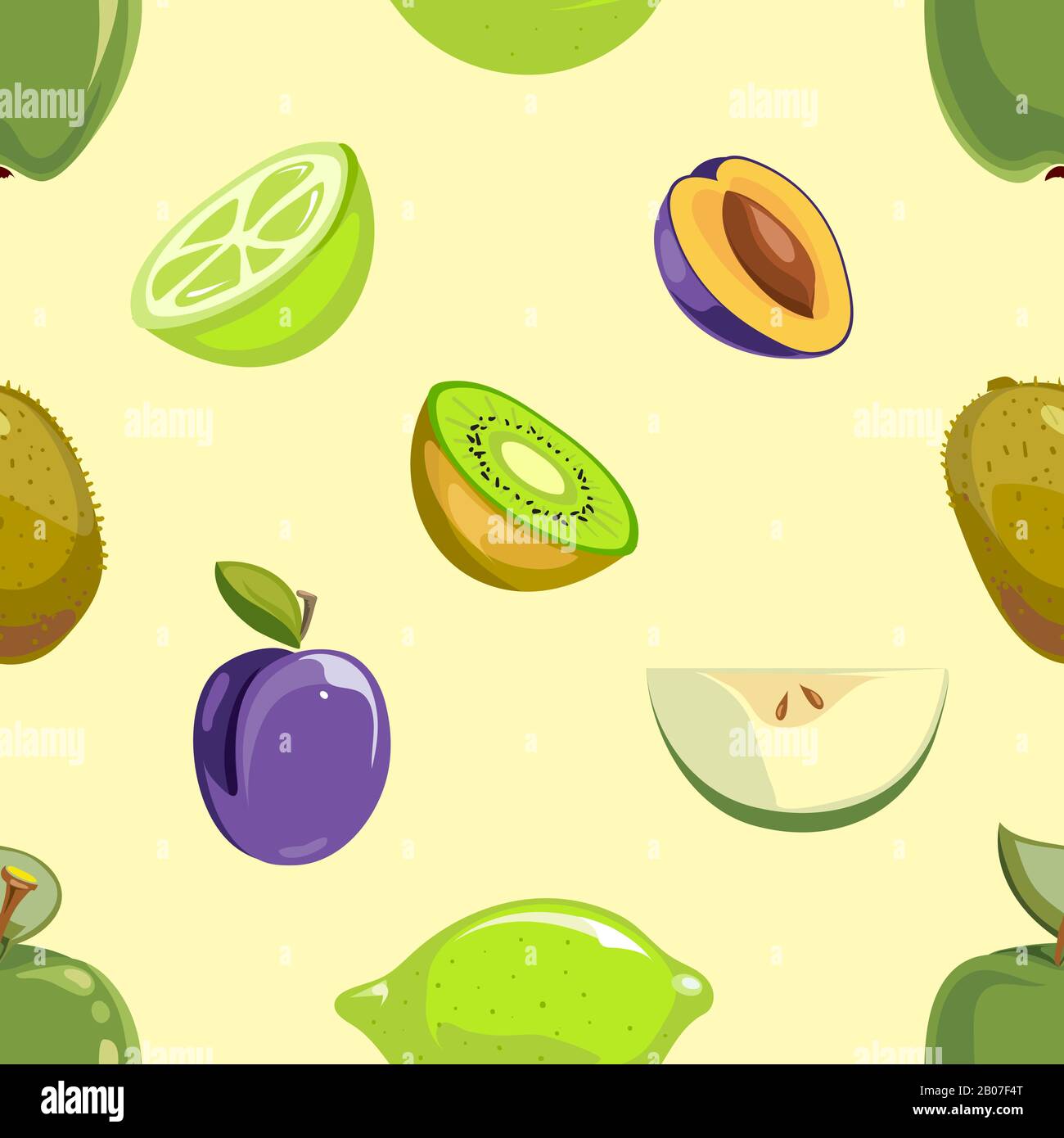 Green and blue fruits seamless pattern over white background. Kiwi and ...