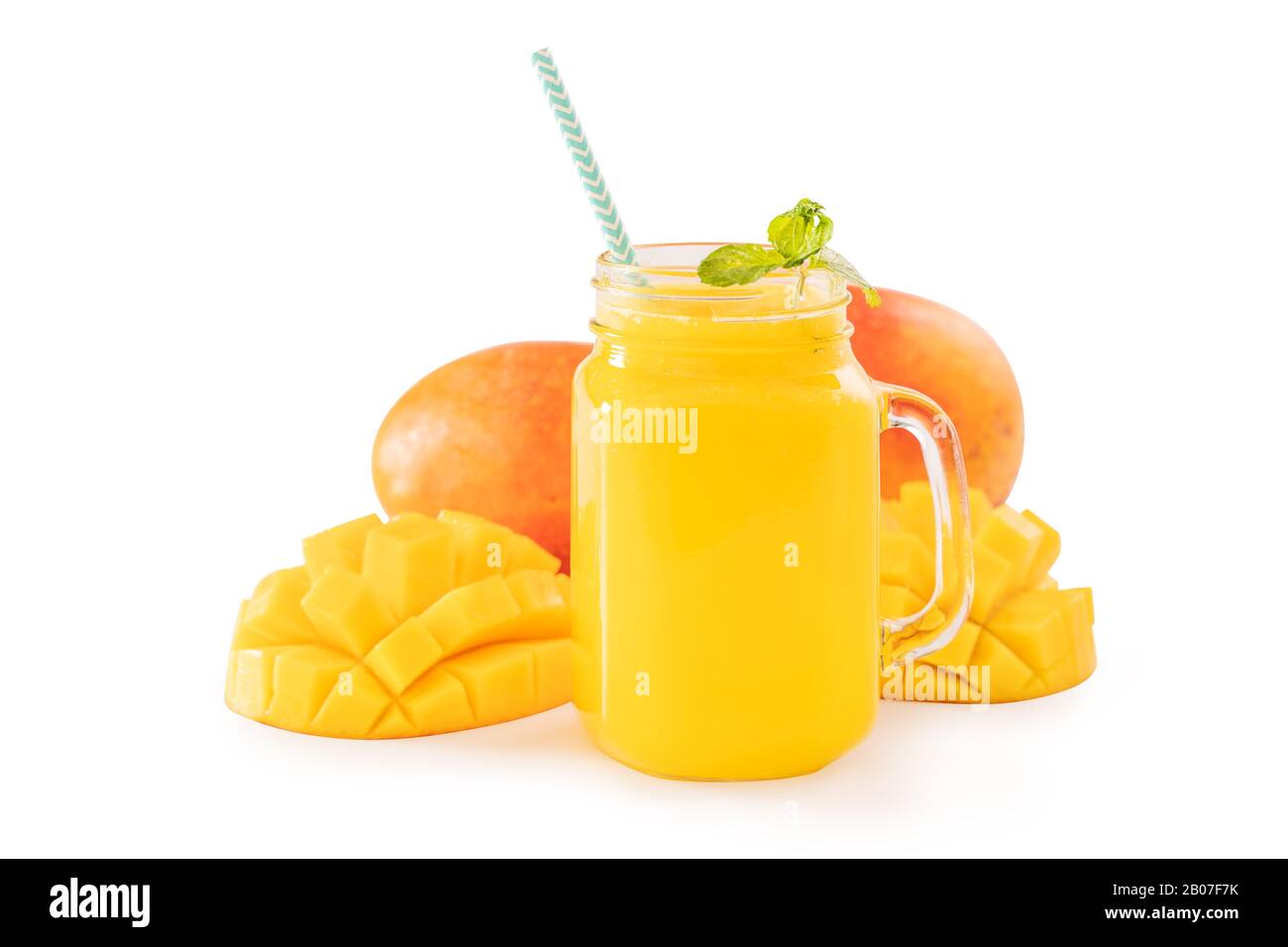 Fresh tropical mango juice with beautiful diced fruit flesh, striped ...